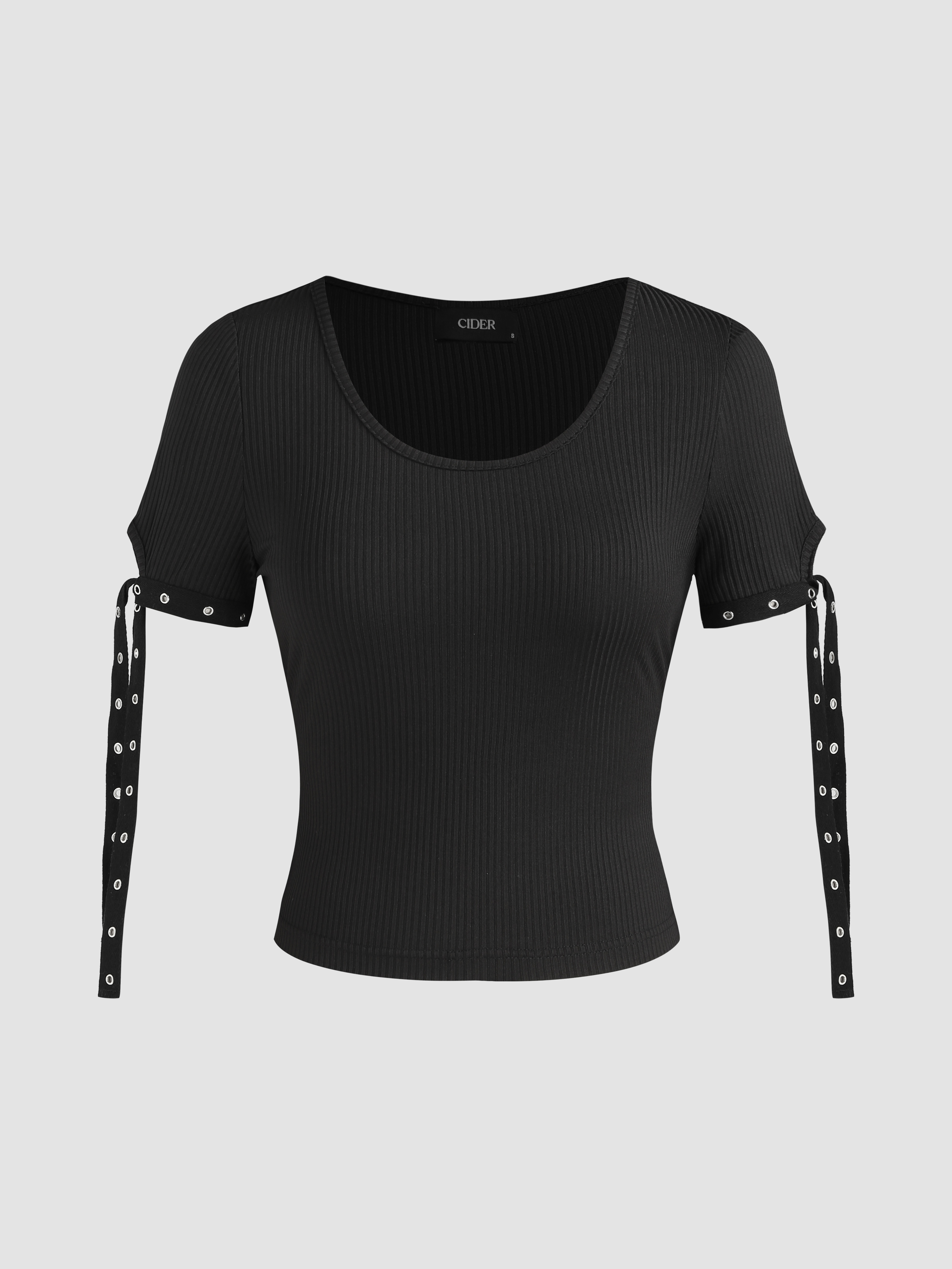 Round Neckline Solid Ring Short Sleeve Tee - Cider