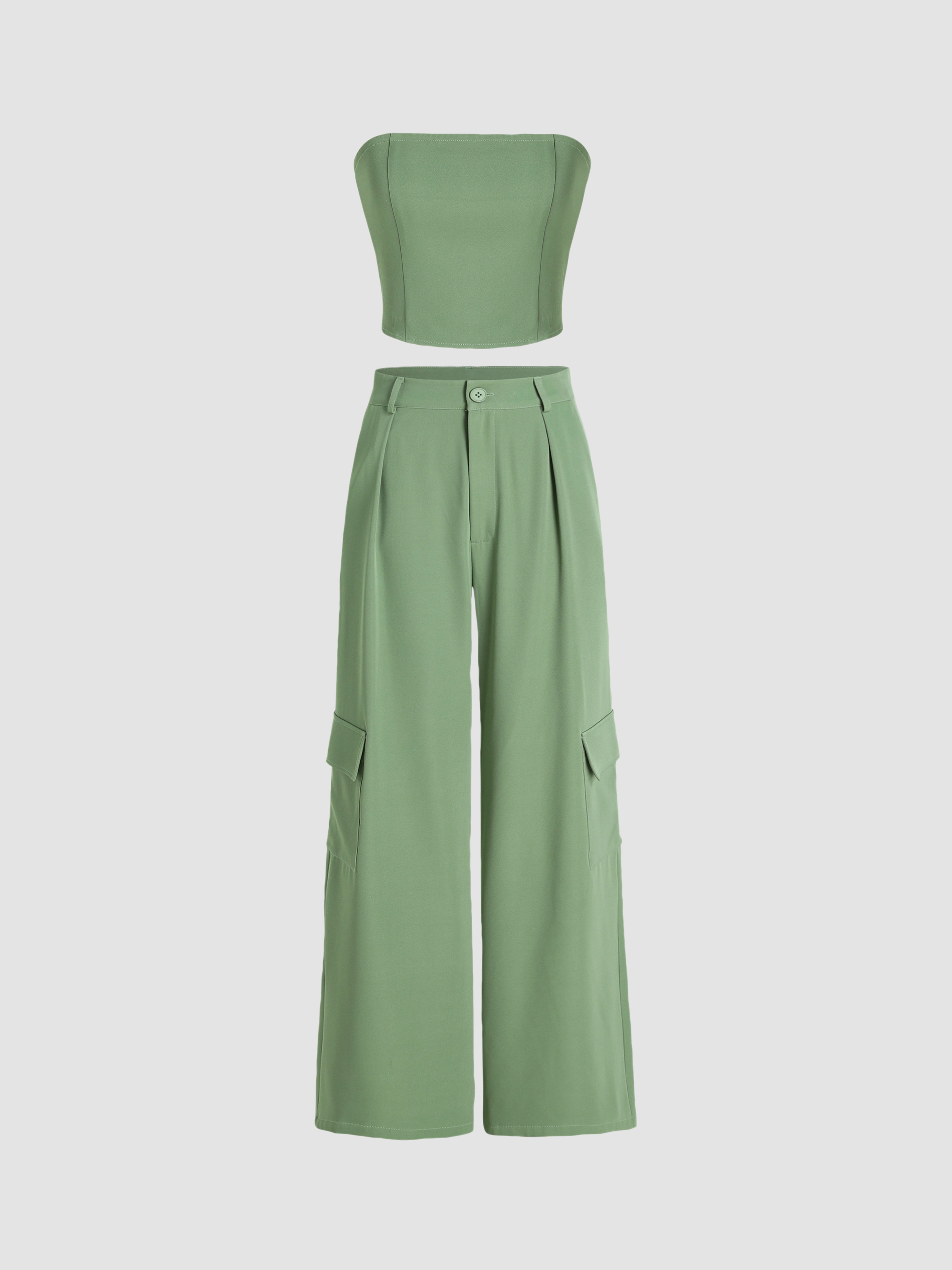 Woven Solid Shirred Tube Crop Top & Wide Leg Cargo Pants Set For Daily ...