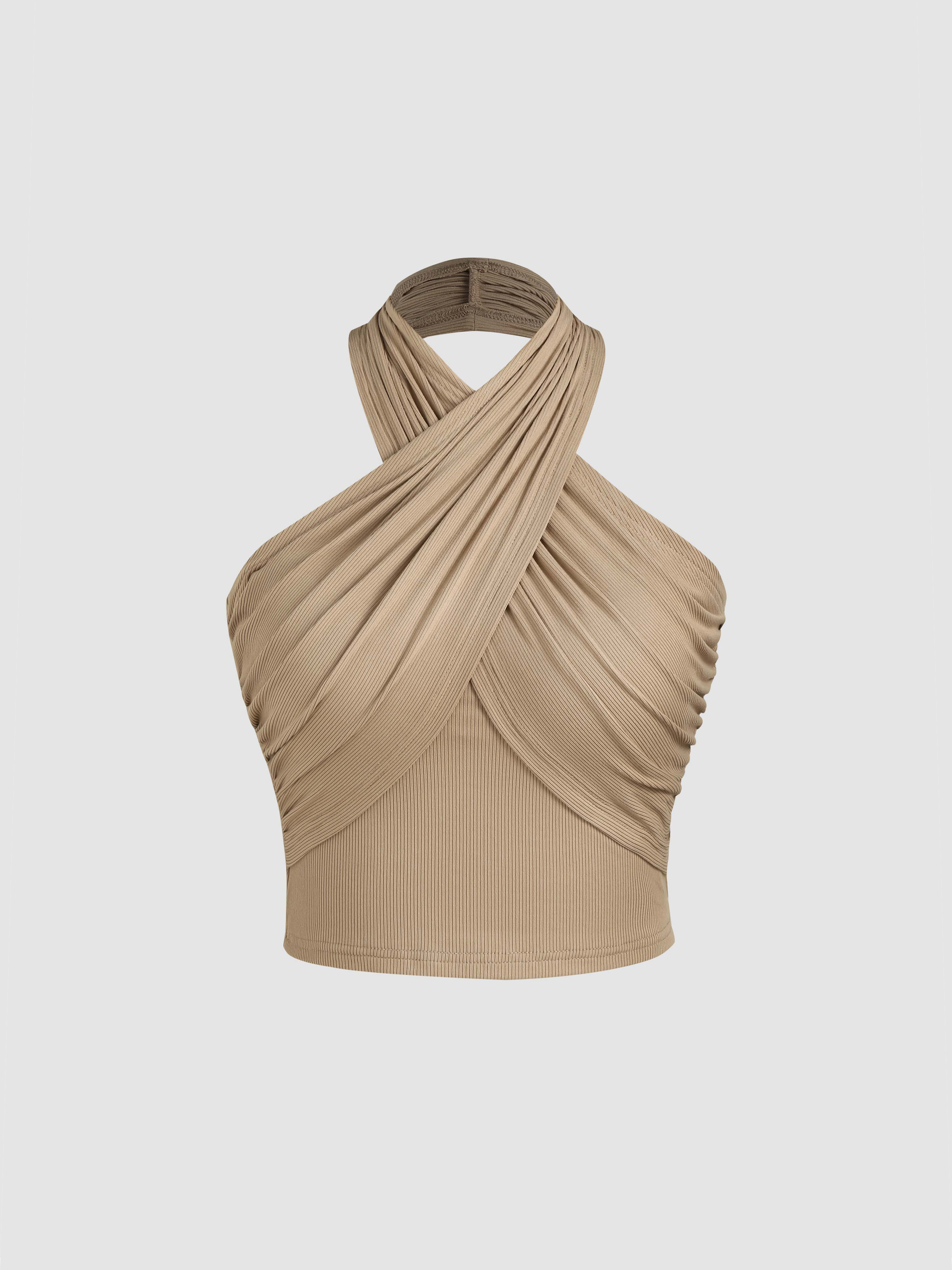 Solid Criss Cross Halter Ruched Crop Top - Cider