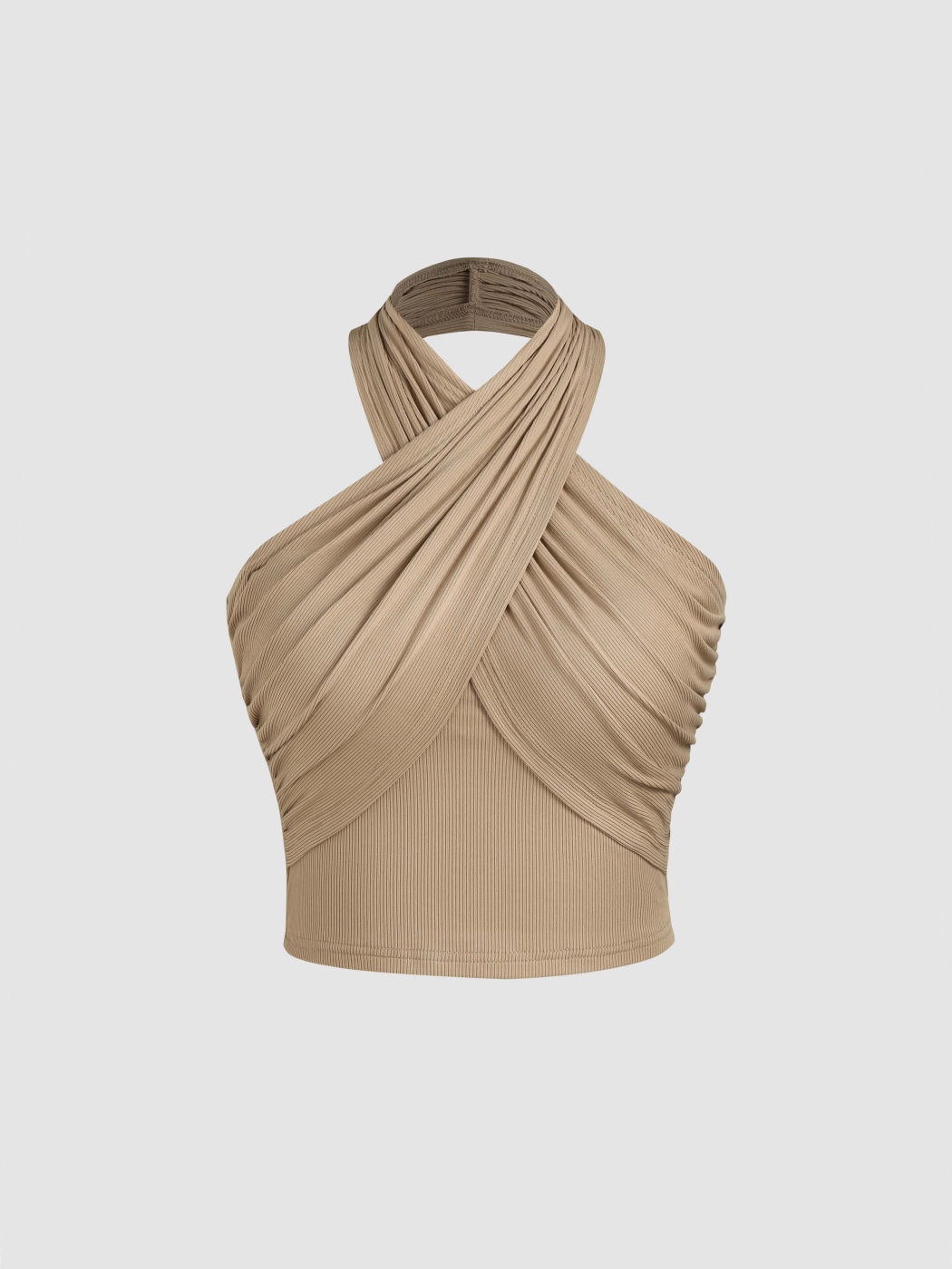 Solid Criss Cross Halter Ruched Crop Top - Cider