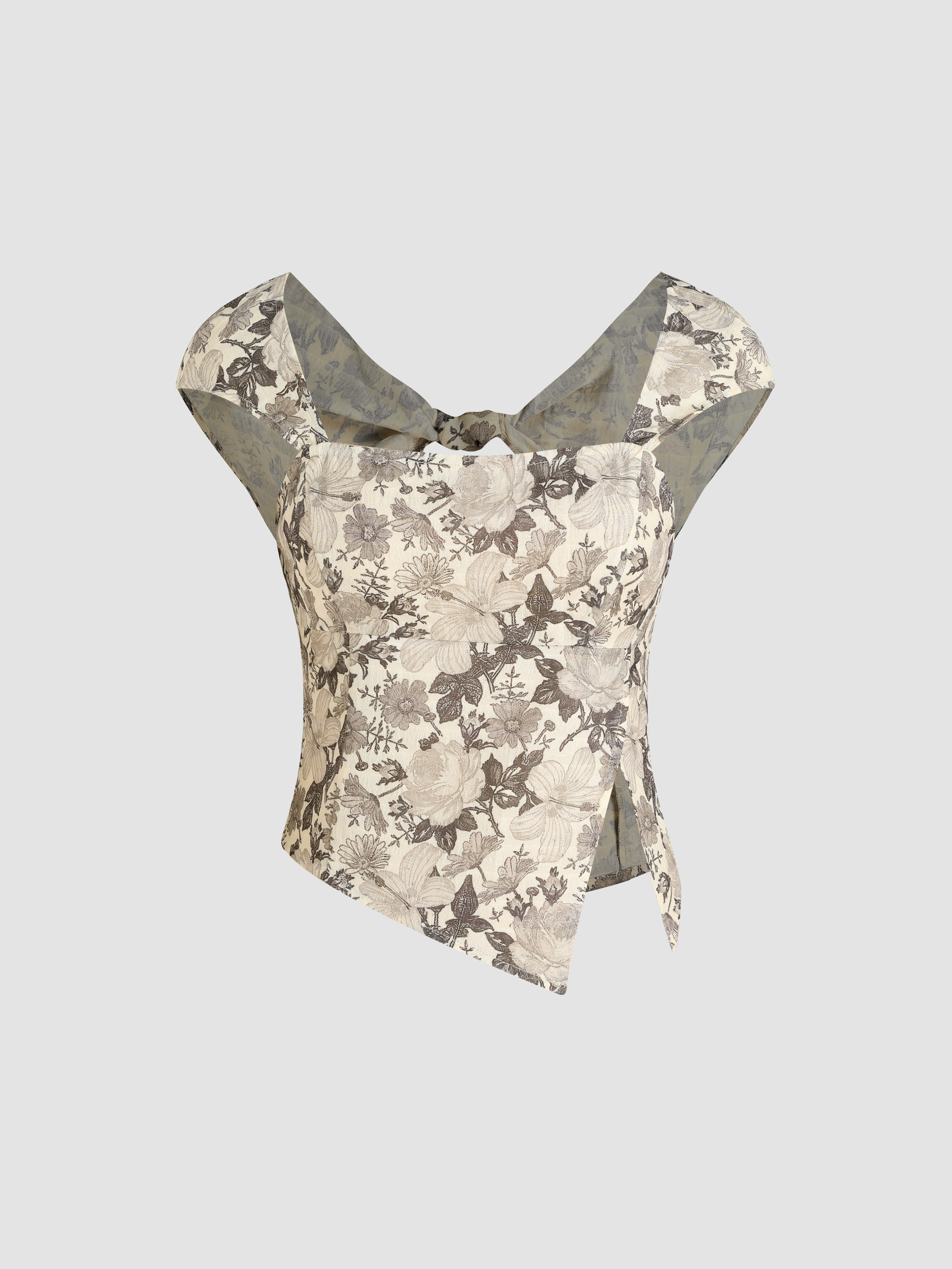 Jacquard Asymmetrical Split Cut Out Short Sleeve Top For Holiday