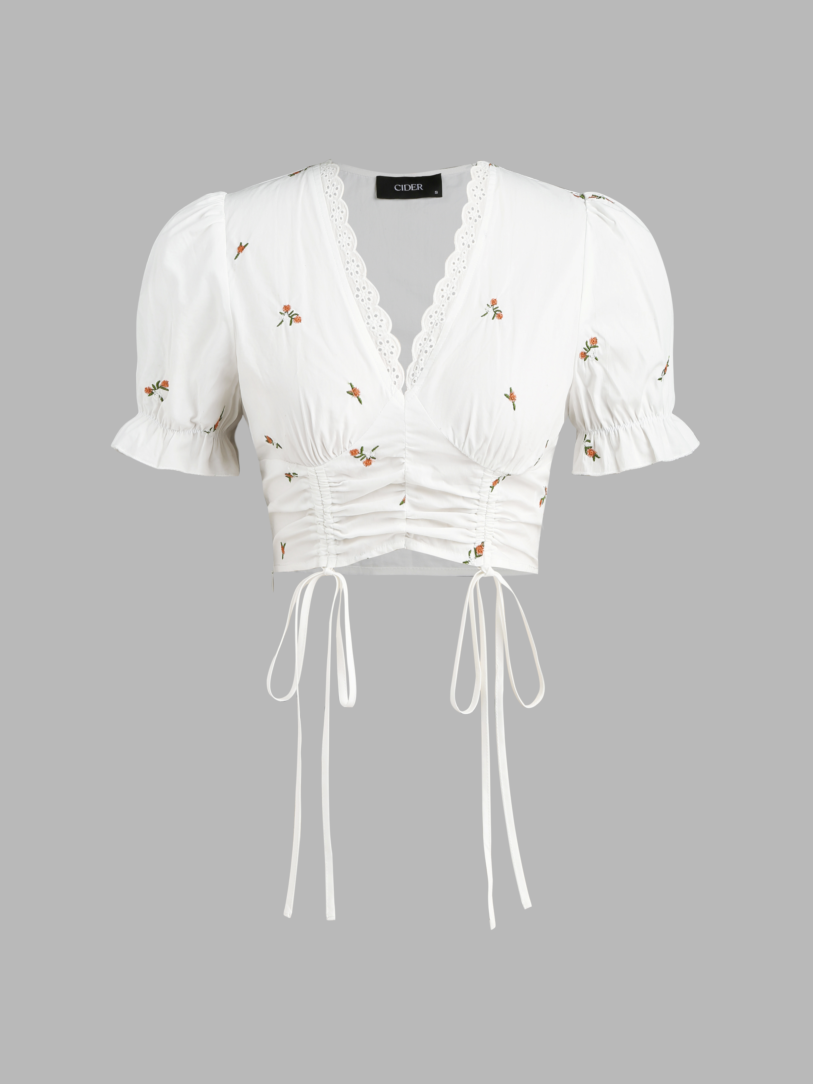 Woven V-neck Floral Embroidery Bowknot Drawstring Short Sleeve Top For ...