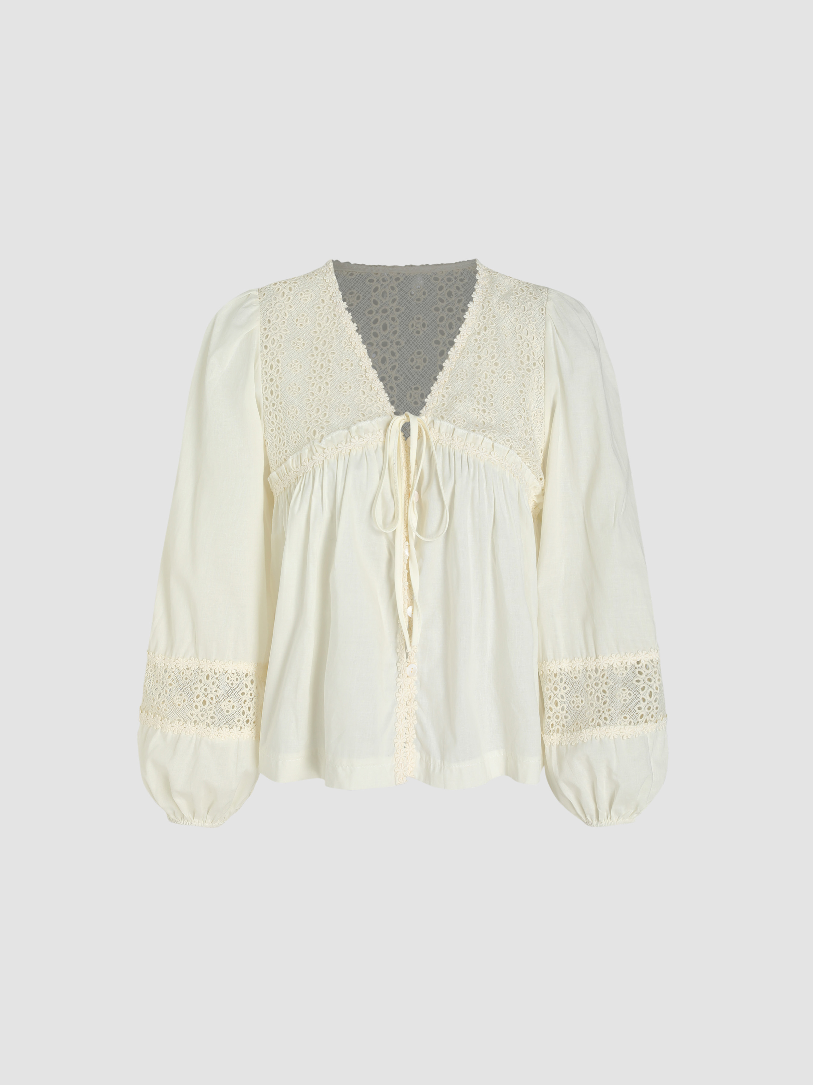 Linen-blend V-neck Eyelet Long Lantern Sleeve Blouse - Cider