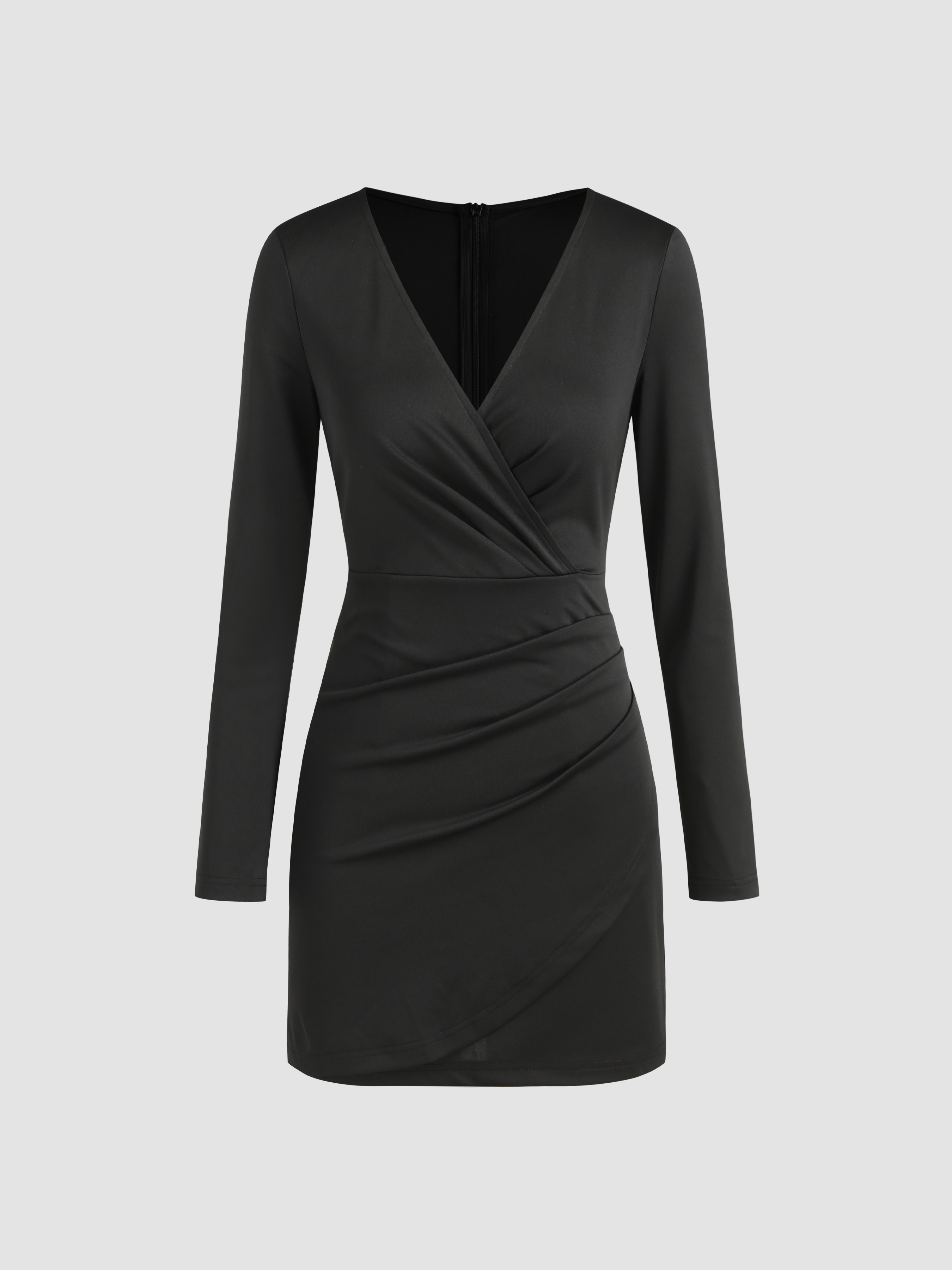 V-neck Solid Ruched Long Sleeve Mini Dress - Cider