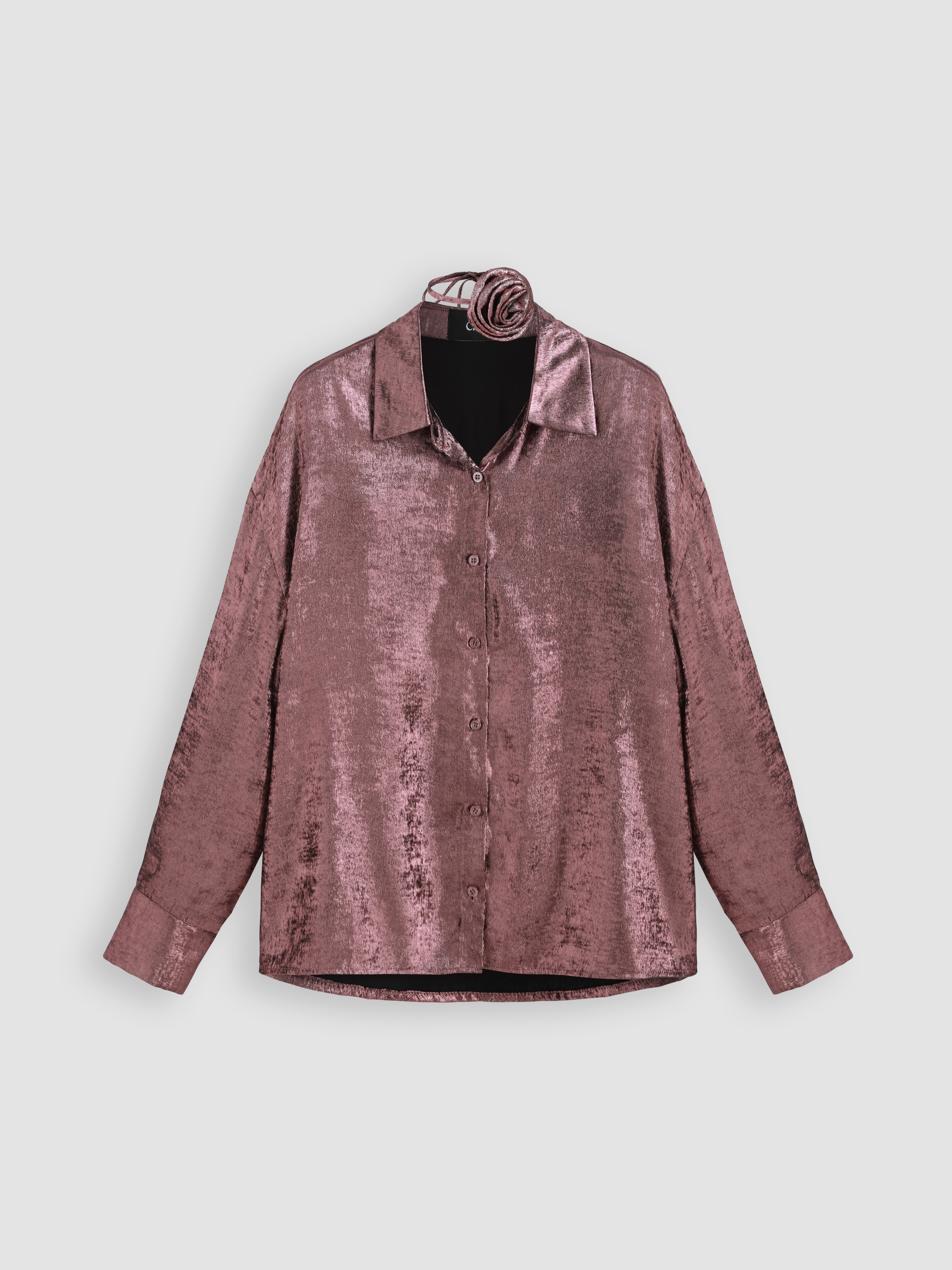 Solid Collar Button Long Sleeve Blouse With Rosette Choker - Cider