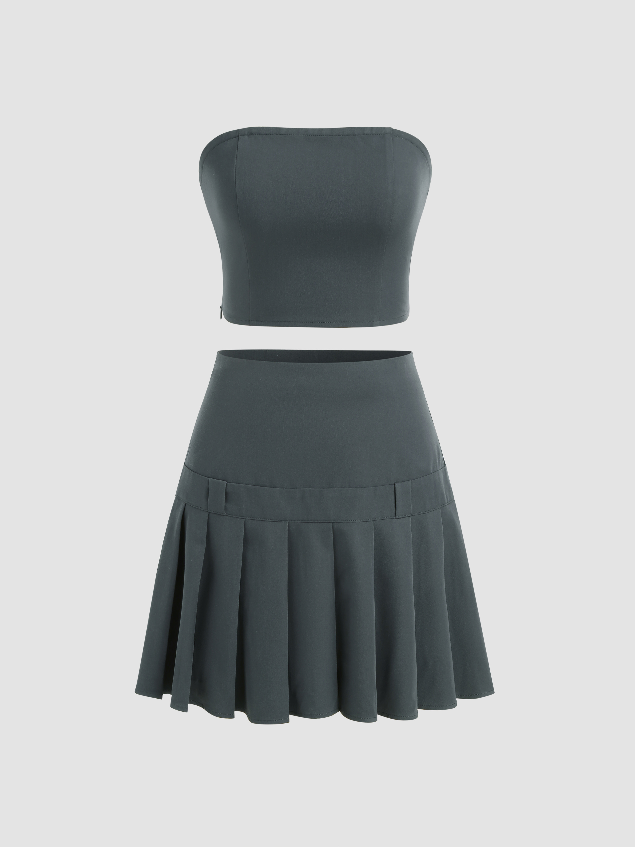 Solid Tube Crop Top & Pleated Mini Skirt Set - Cider