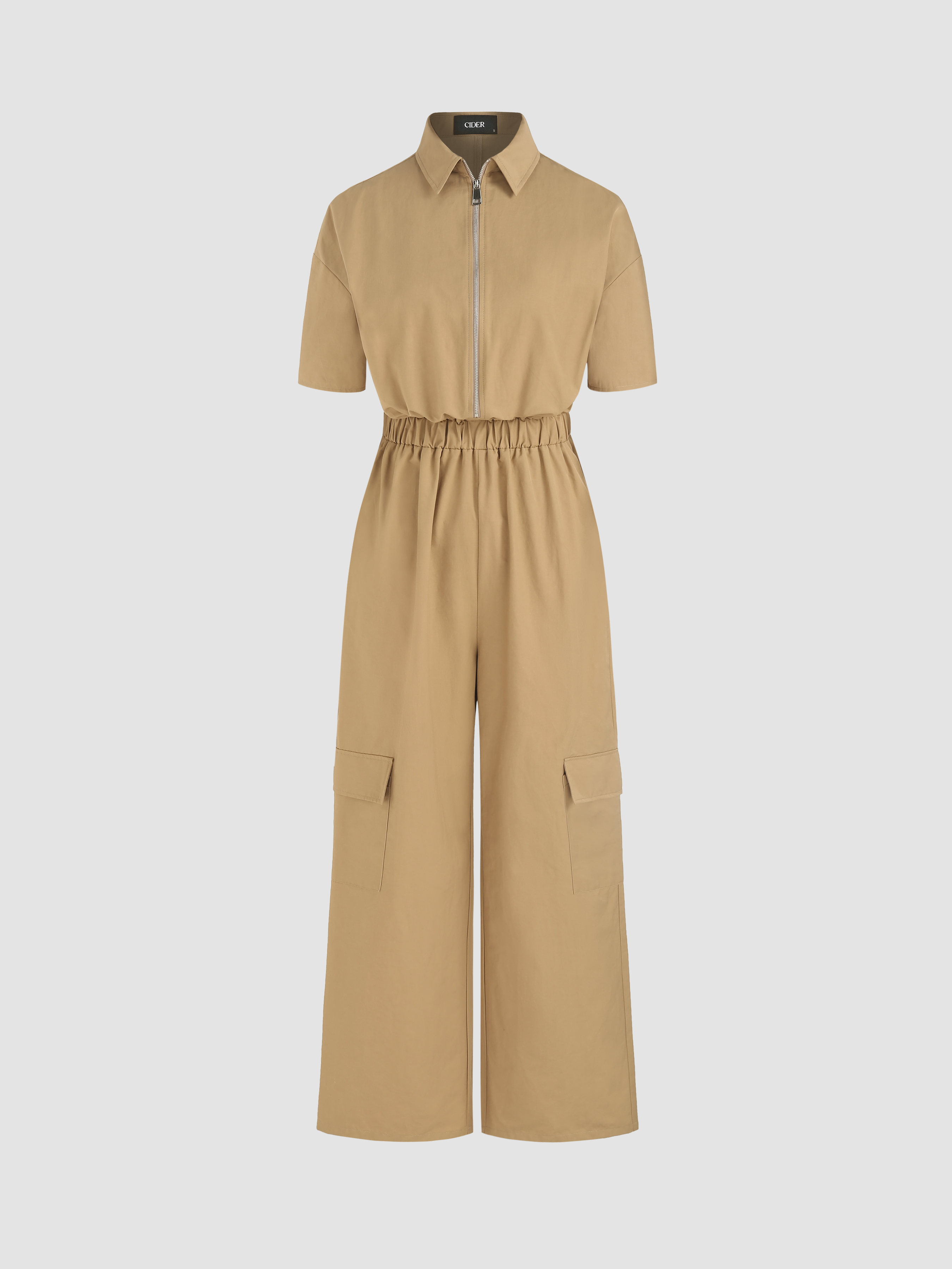 Material Solid Collar Zipper Cargo Jumpsuit For Occasion