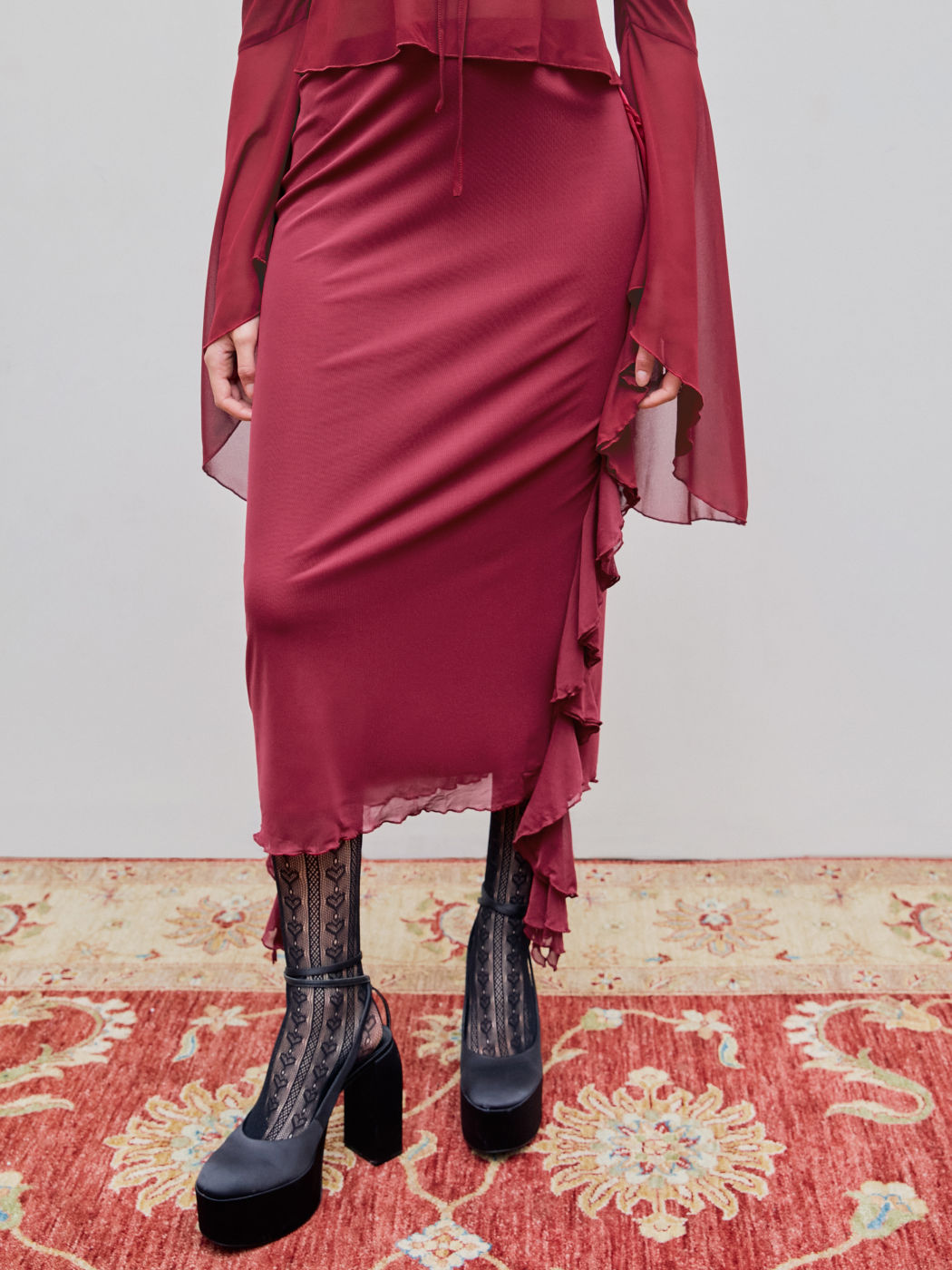Mesh High Waist Solid Ruffle Maxi Skirt - Cider