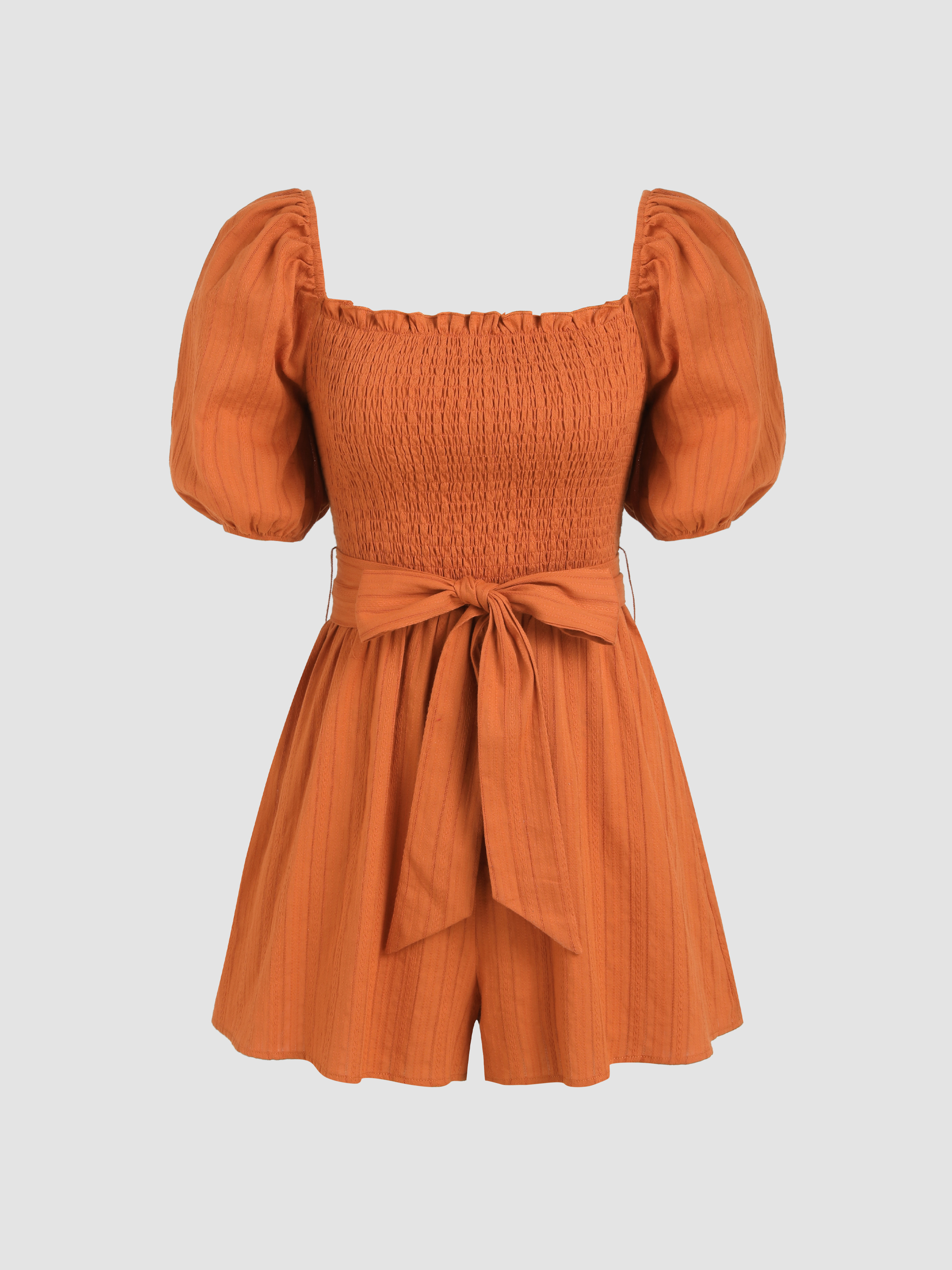 Woven Solid Square Neck Shirred Belted Romper For Vacation