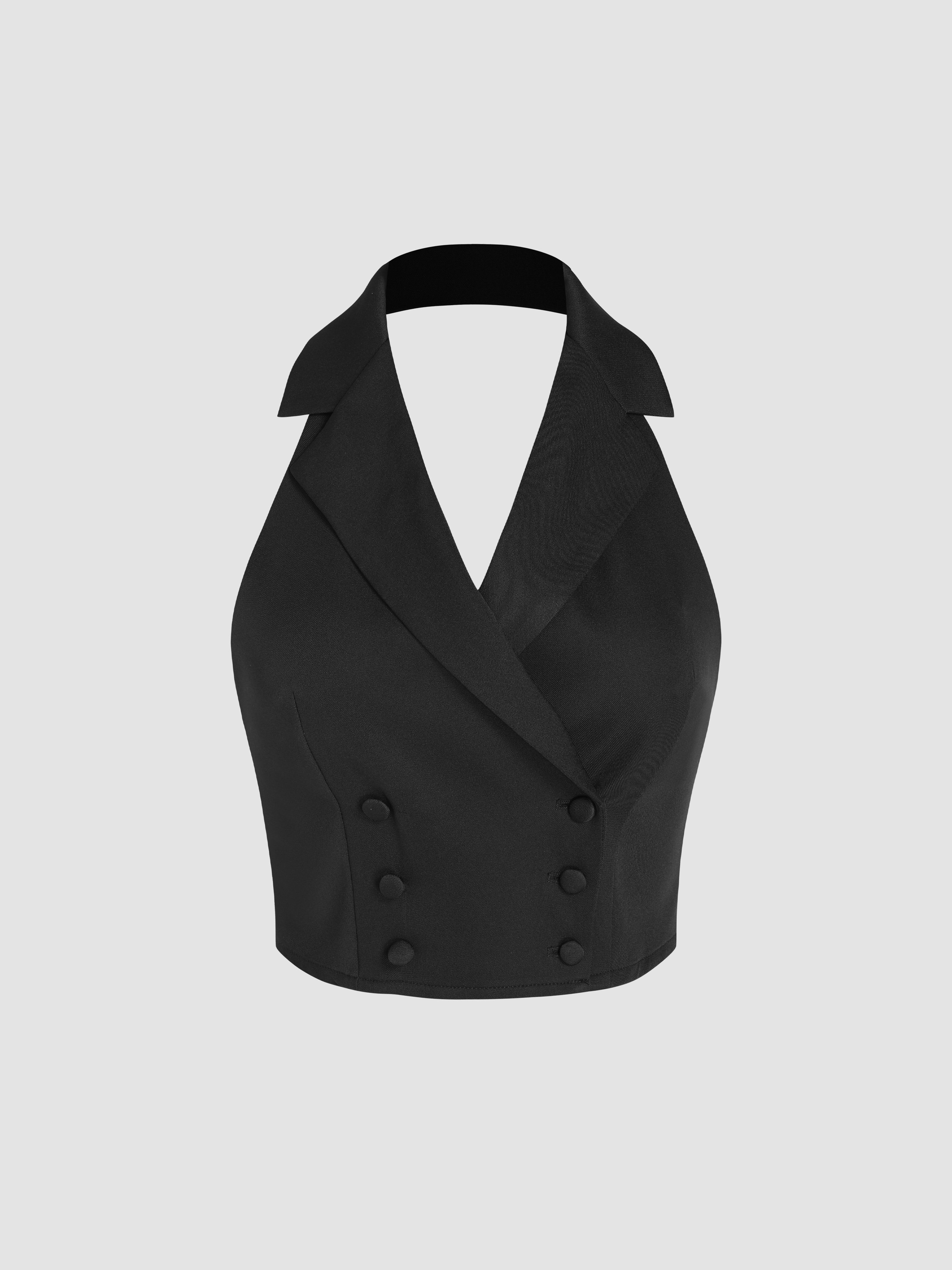 Collar Solid Crop Blazer Vest - Cider