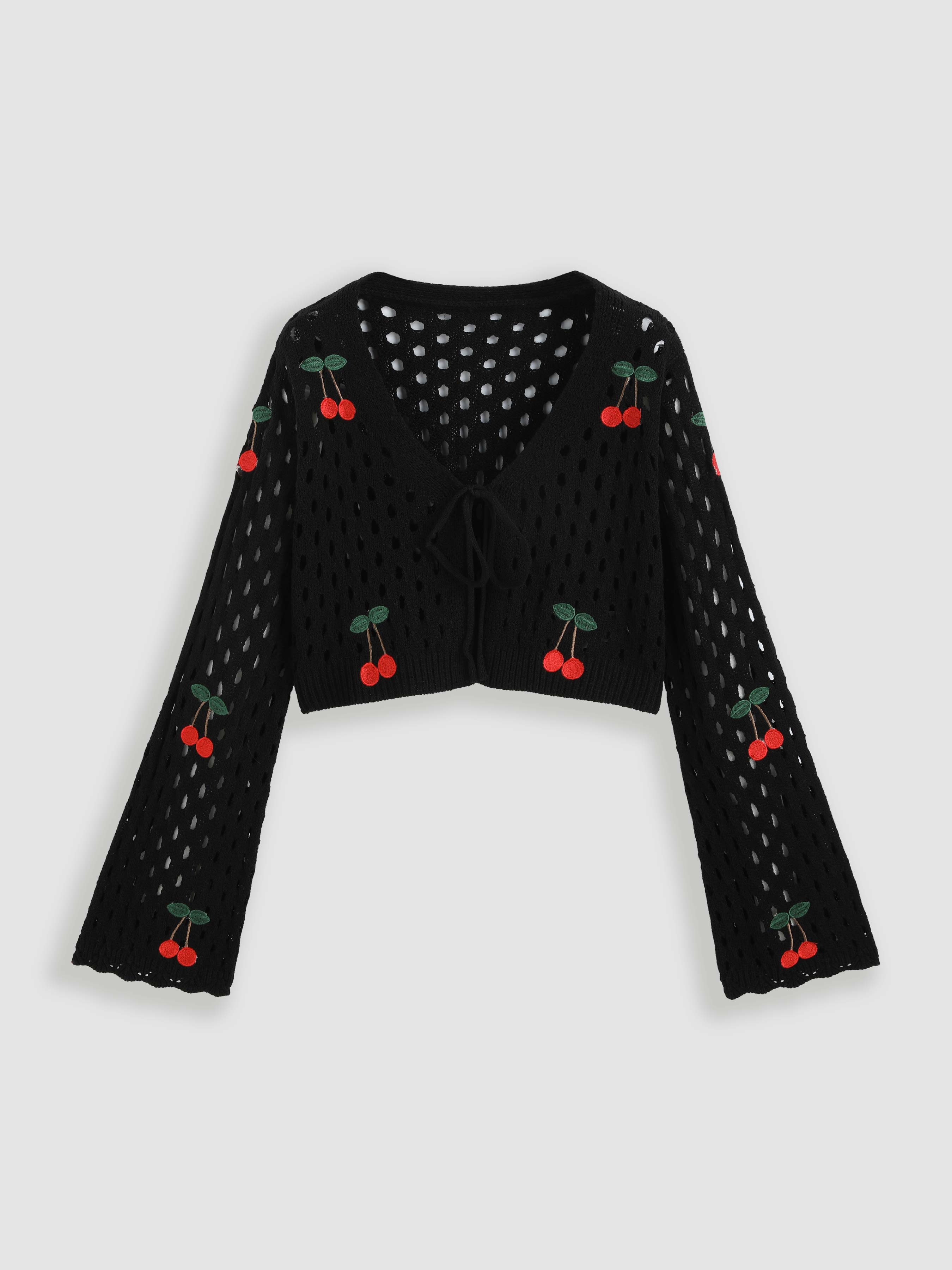 Knit V-neck Cherry Pattern Hollow Out Long Sleeve Crop Top For Holiday