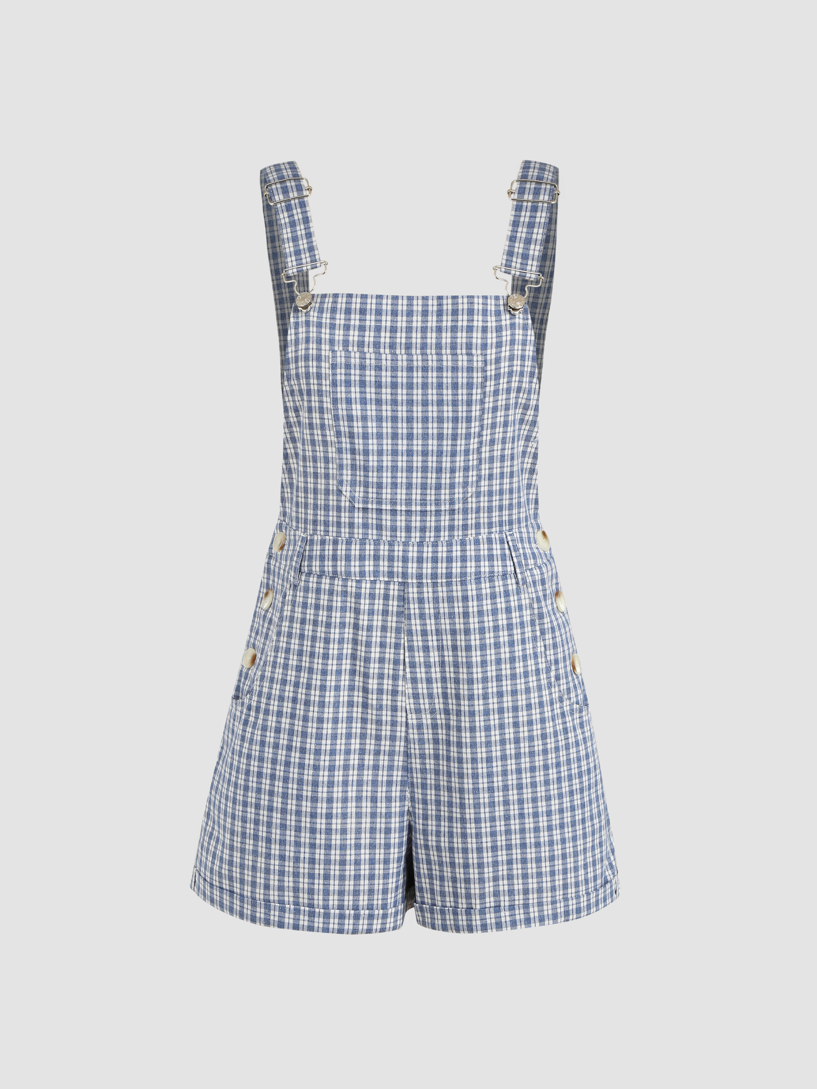 Woven Square Neck Check Button Romper For Daily Casual Outdoor Picnic