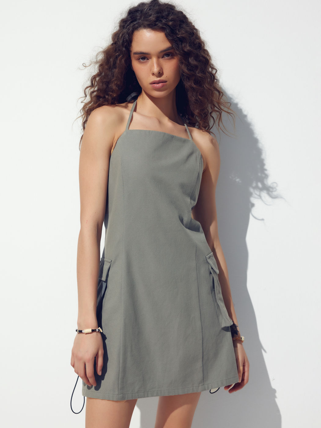 Solid Halter Backless Lace Up Cargo Mini Dress - Cider