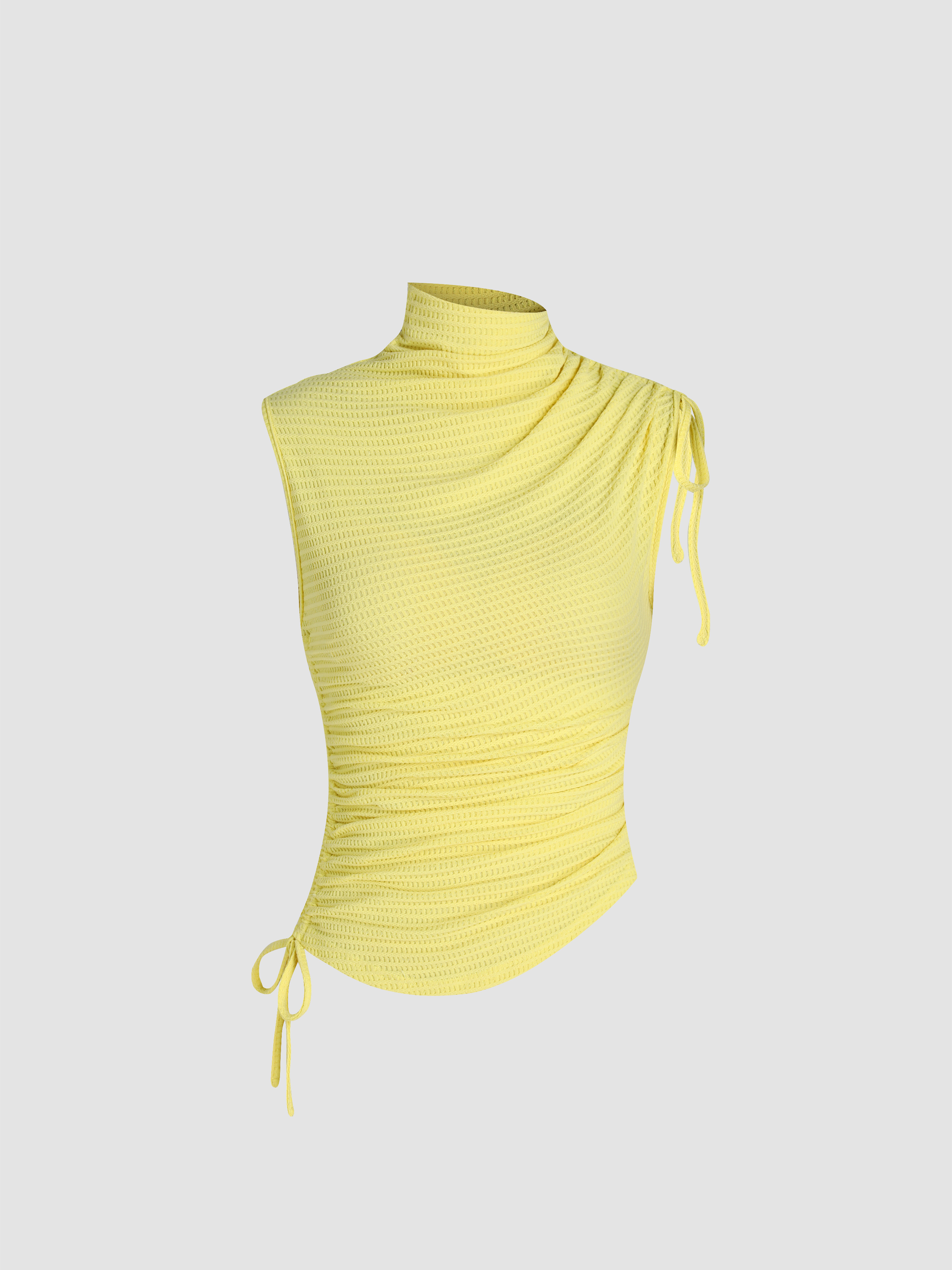 Solid Waffle Asymmetrical Stand Collar Drawstring Tank Top For Daily ...