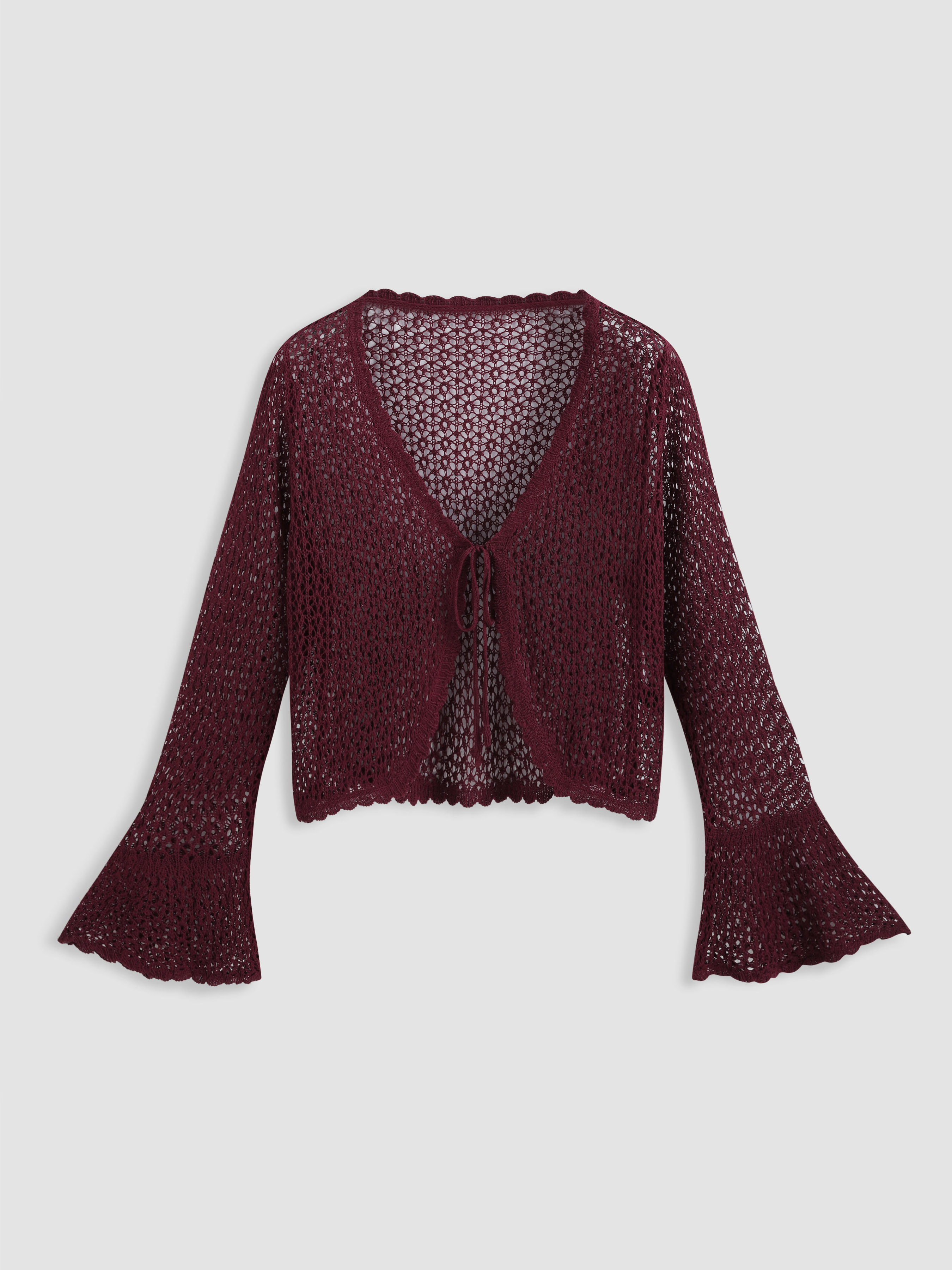 Knitted Hollow Out V-neck Bell Sleeve Cardigan Curve & Plus - Cider