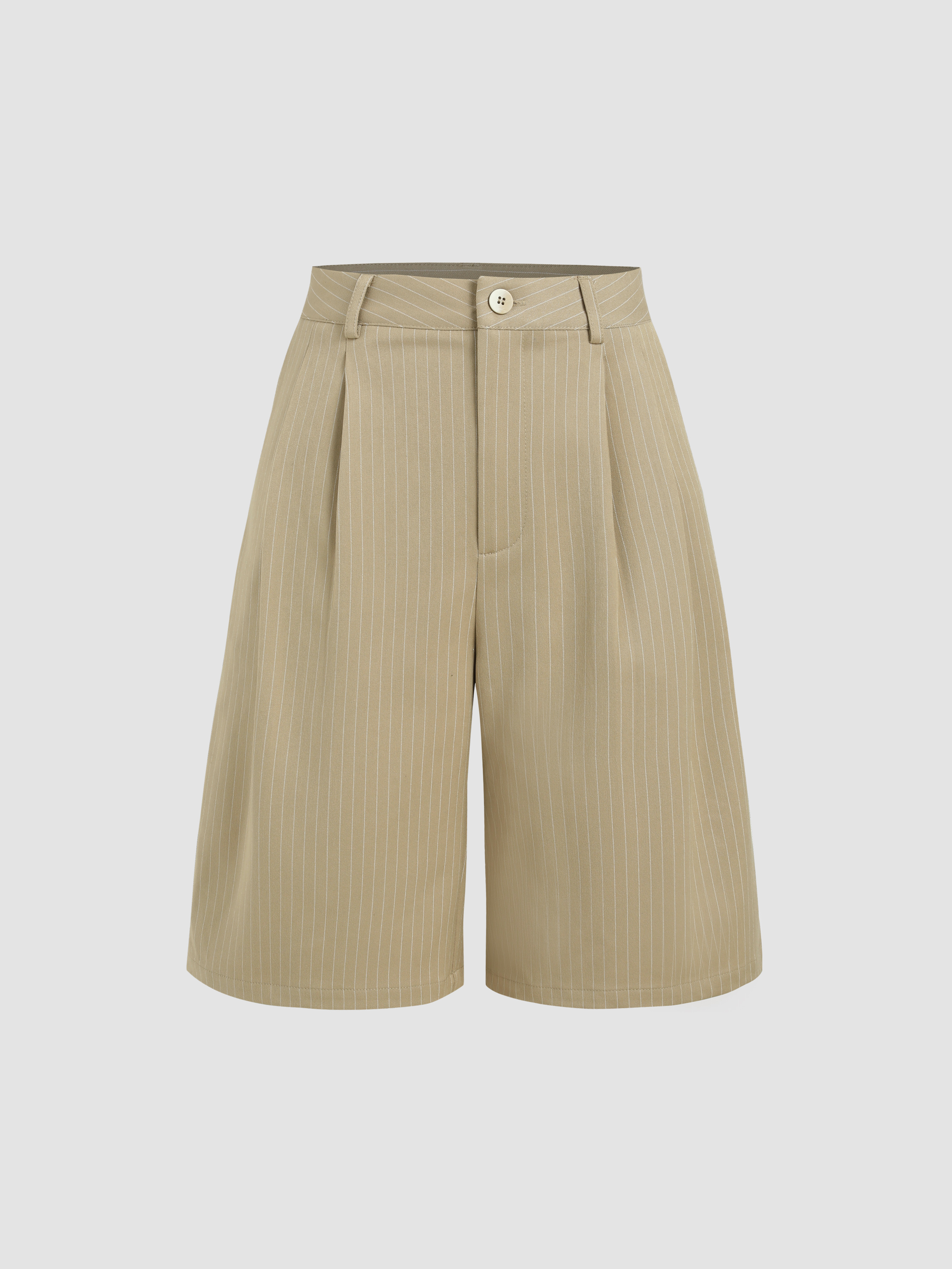 Mid Waist Striped Pleated Wide Leg Bermuda Shorts - Cider