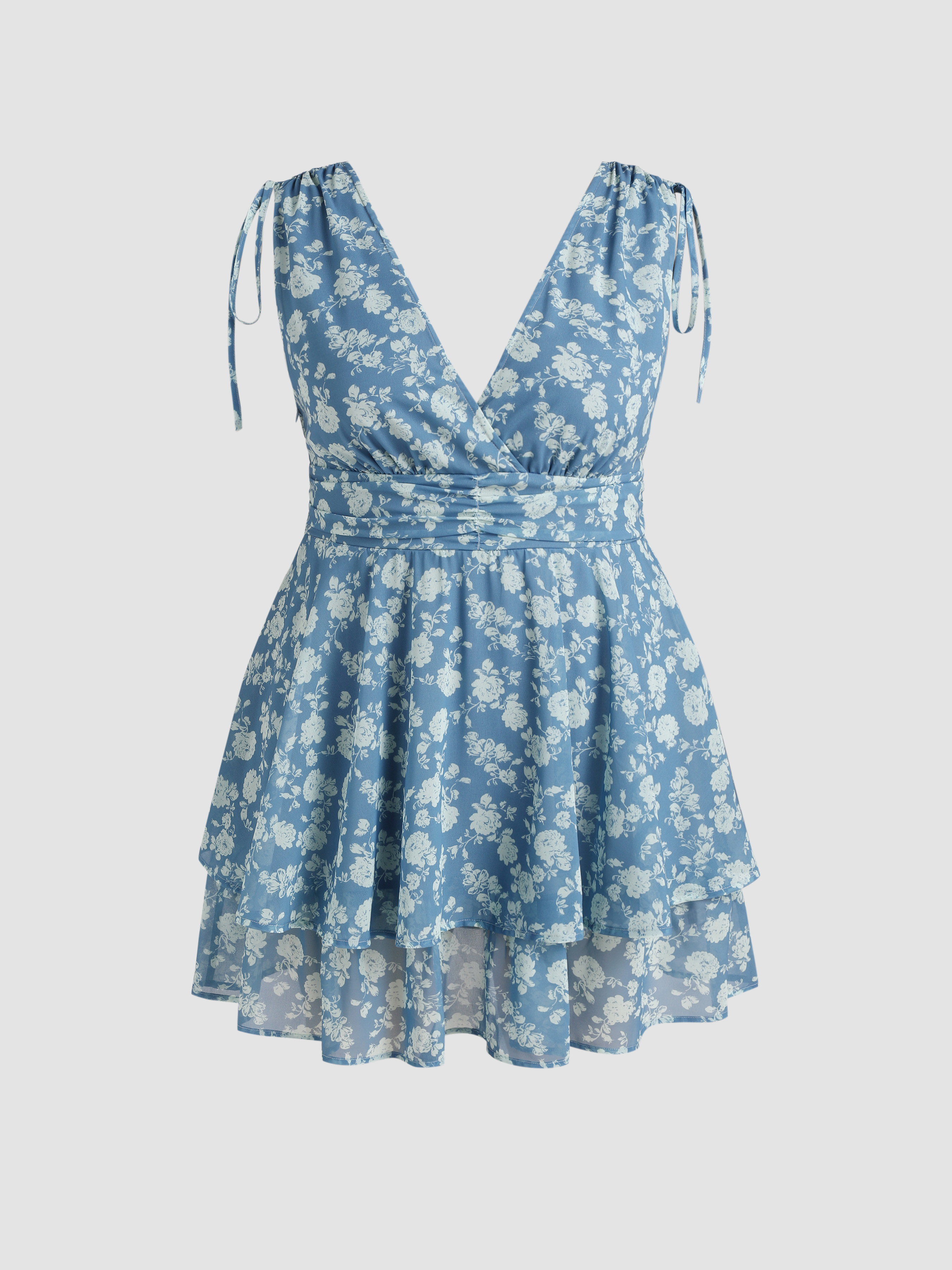 Woven Floral V Neck Ruffle Hem Mini Dress Curve And Plus For Daily Casual