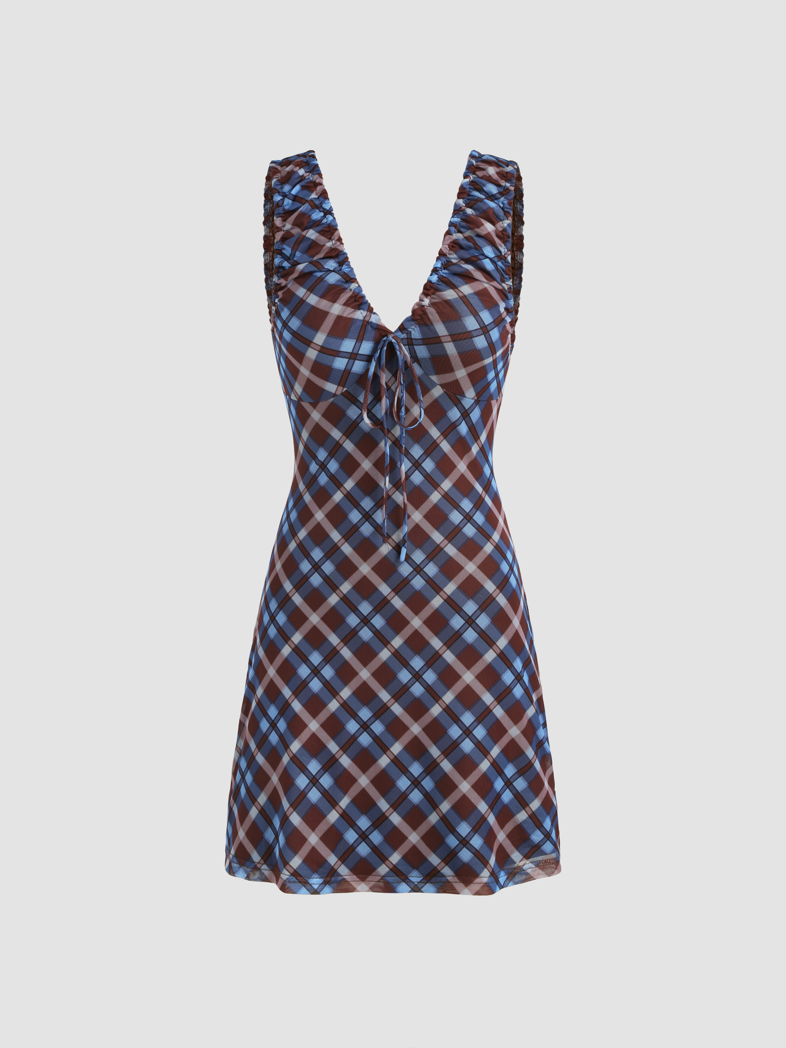Mesh V-neck Check Mini Dress - Cider