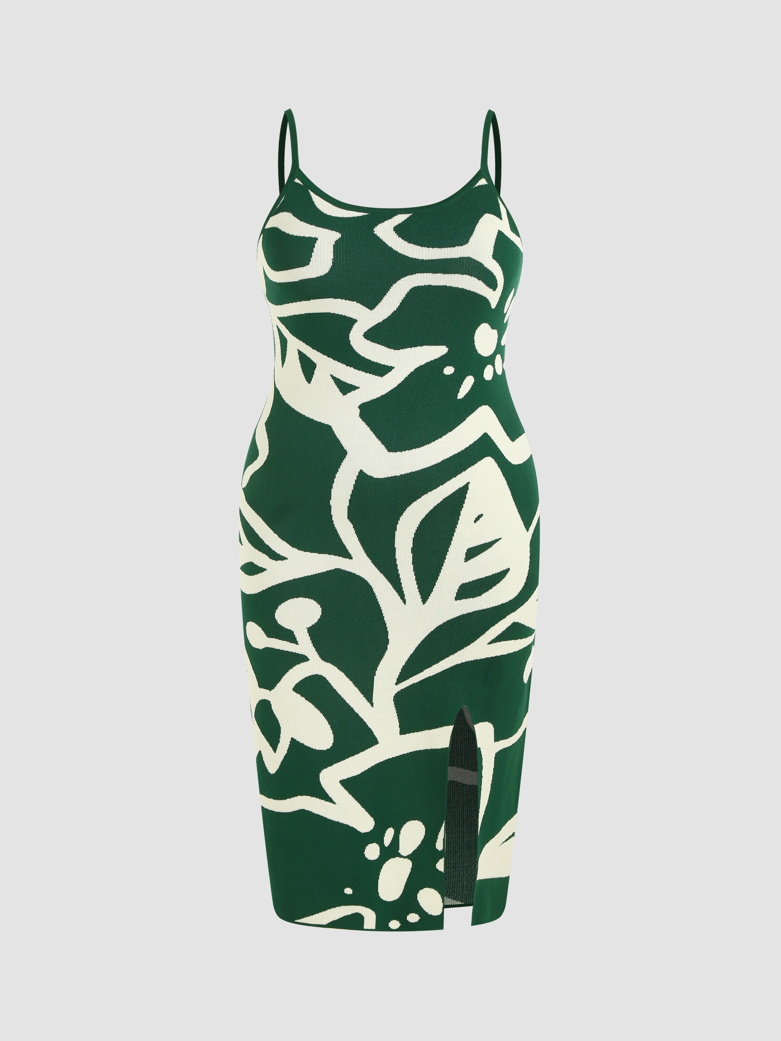 Knit U-neckline Floral Slit Dress Curve & Plus - Cider
