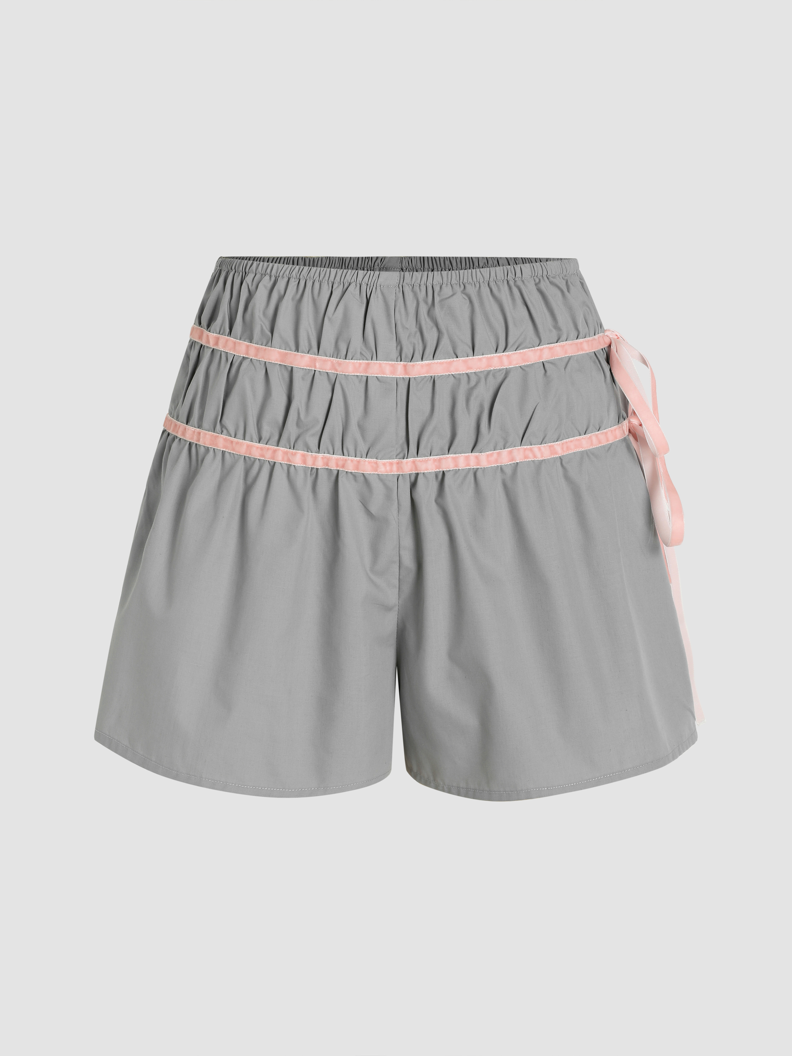 Woven Solid High Waist Contrasting Binding Bowknot Wide Leg Shorts For Daily Casual