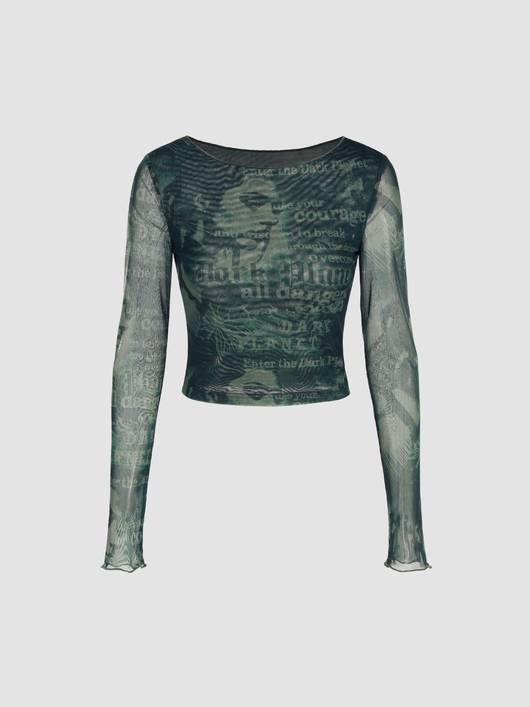 Mesh Round Neckline Graphic Mesh Long Sleeve Tee - Cider