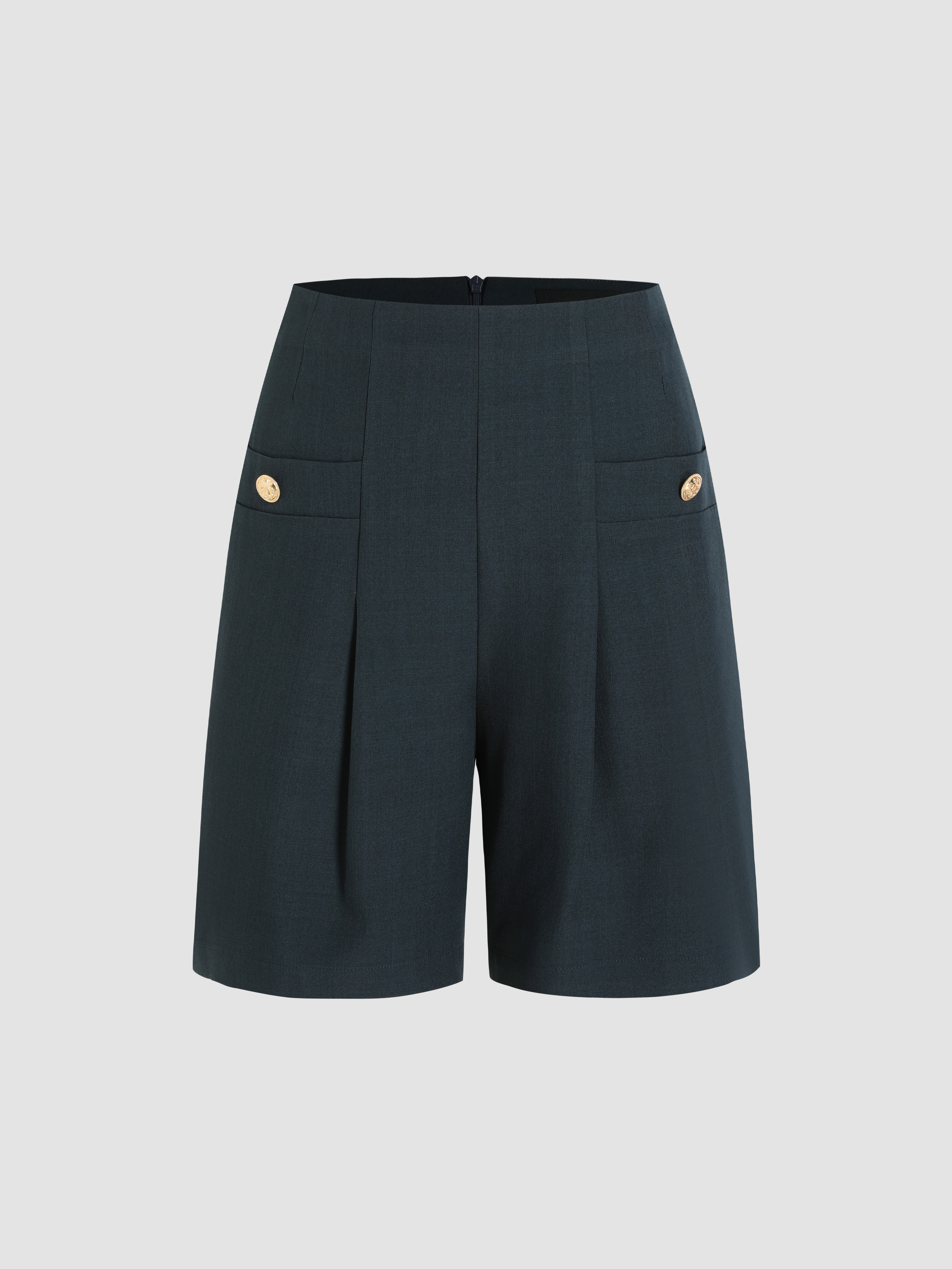 Solid Mid Waist Pleated Bermuda Shorts For Work