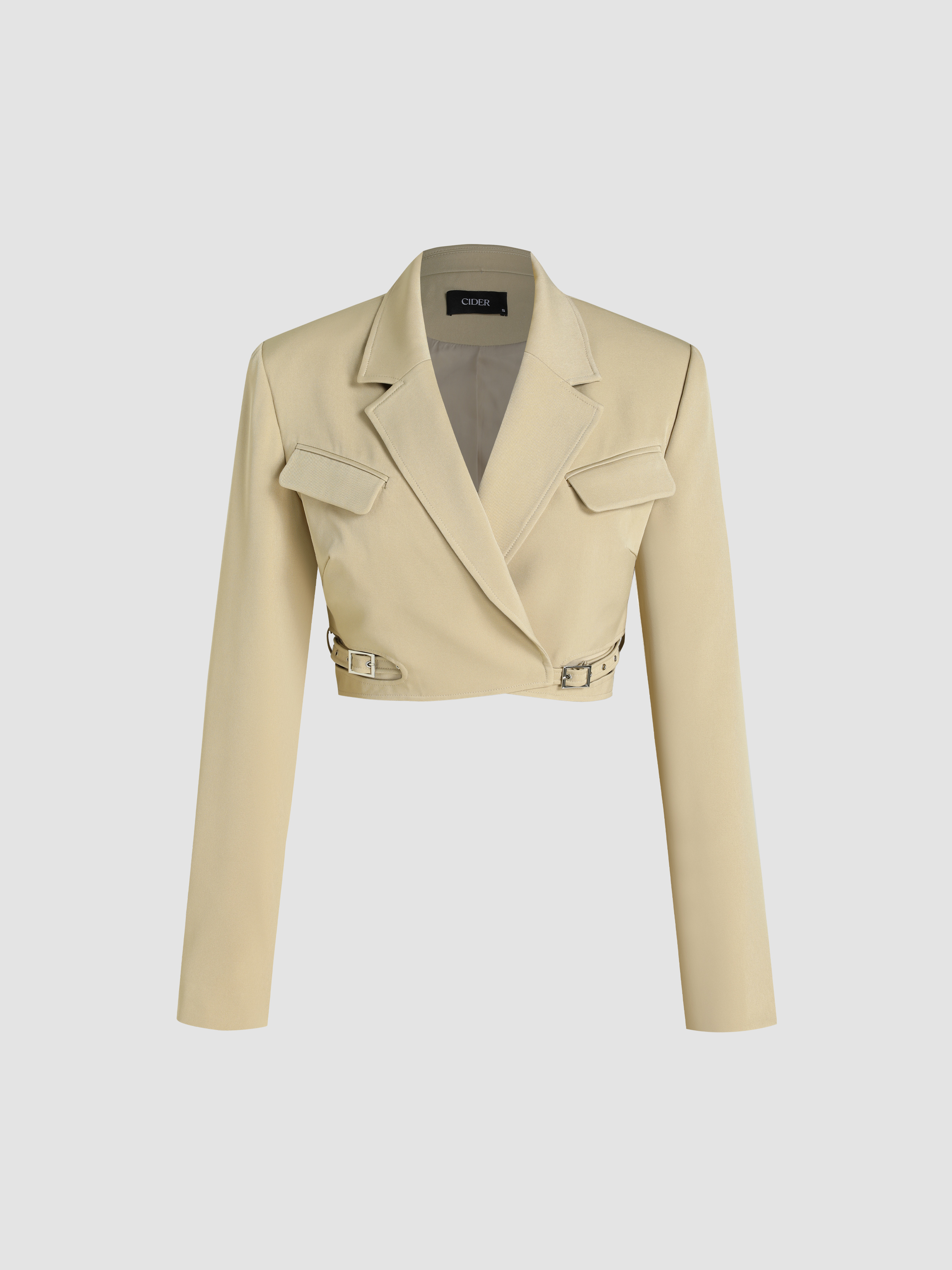 Solid Collar Buckle Cropped Blazer - Cider