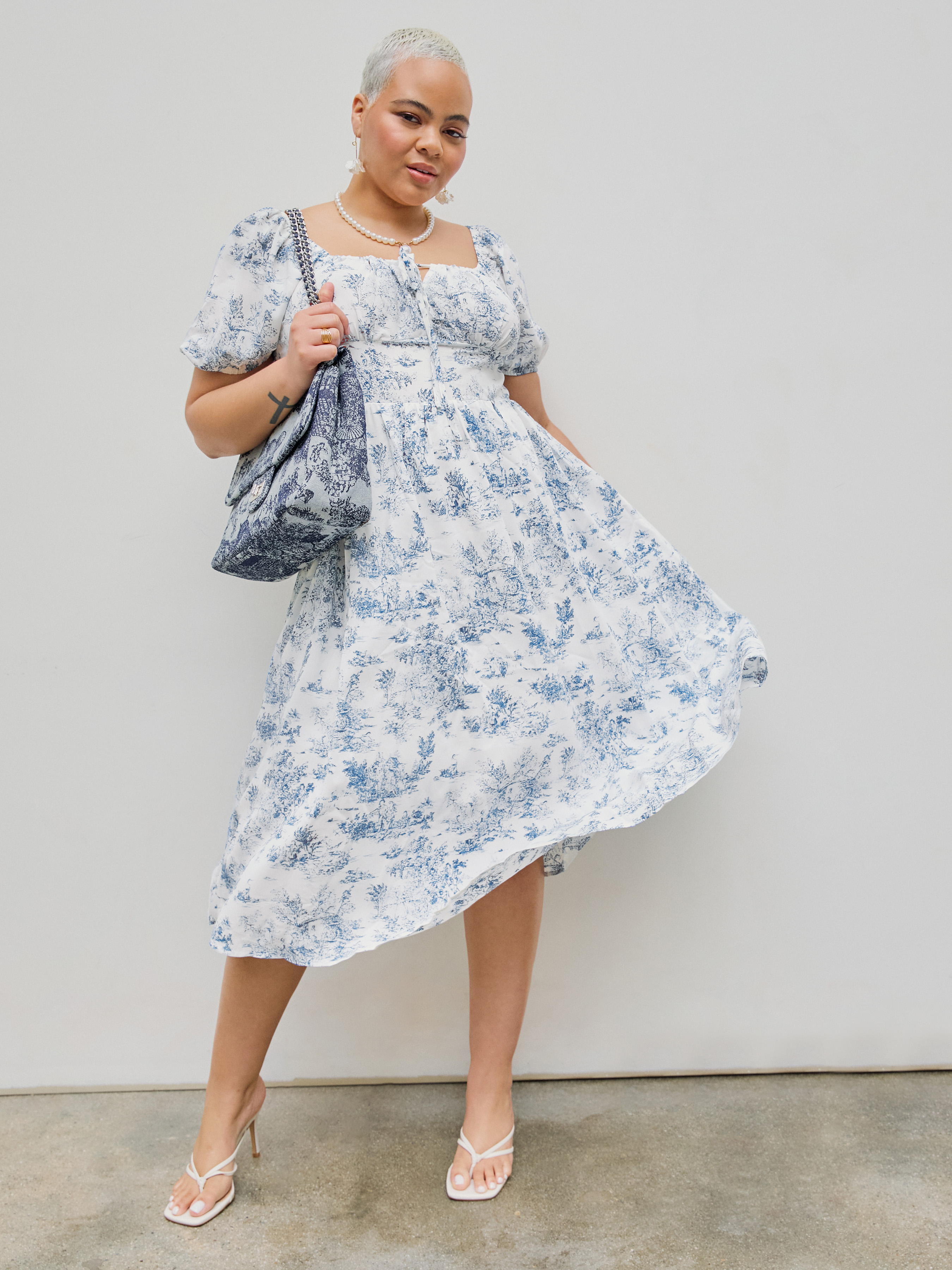 Curve And Plus Square Neck Toile De Jouy Lace Up Ruffle Midi Dress For