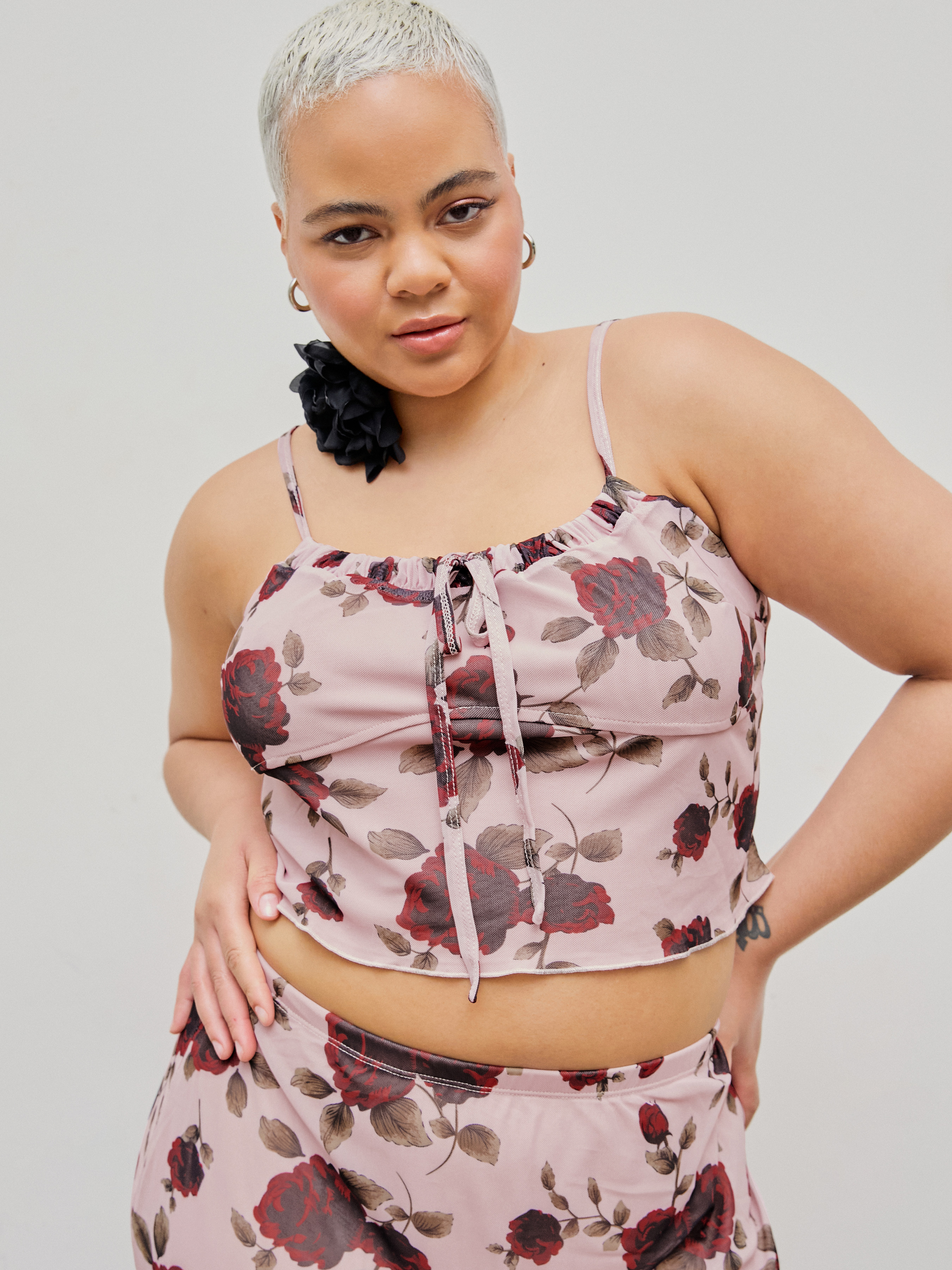 Curve & Plus Floral Mesh Knotted Crop Top - Cider