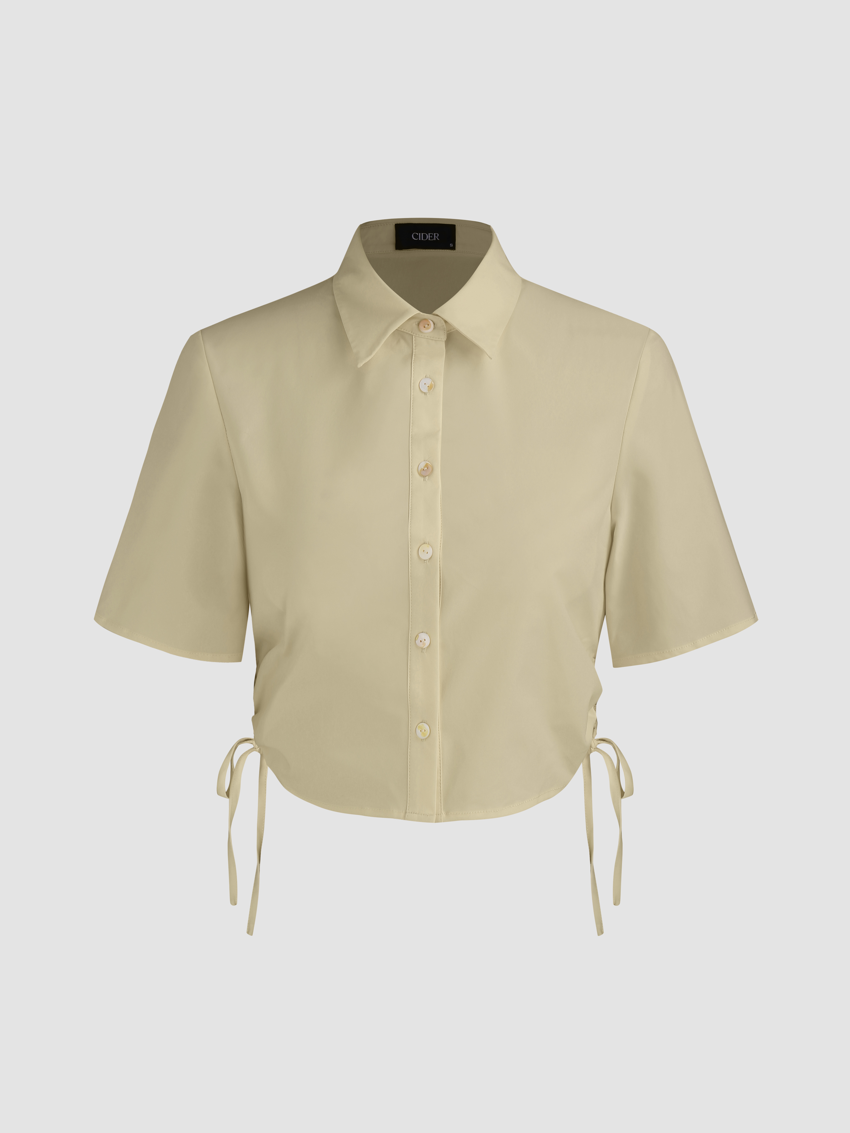 Woven Collar Button Drawstring Short Sleeve Crop Shirt For School Daily Casual Work