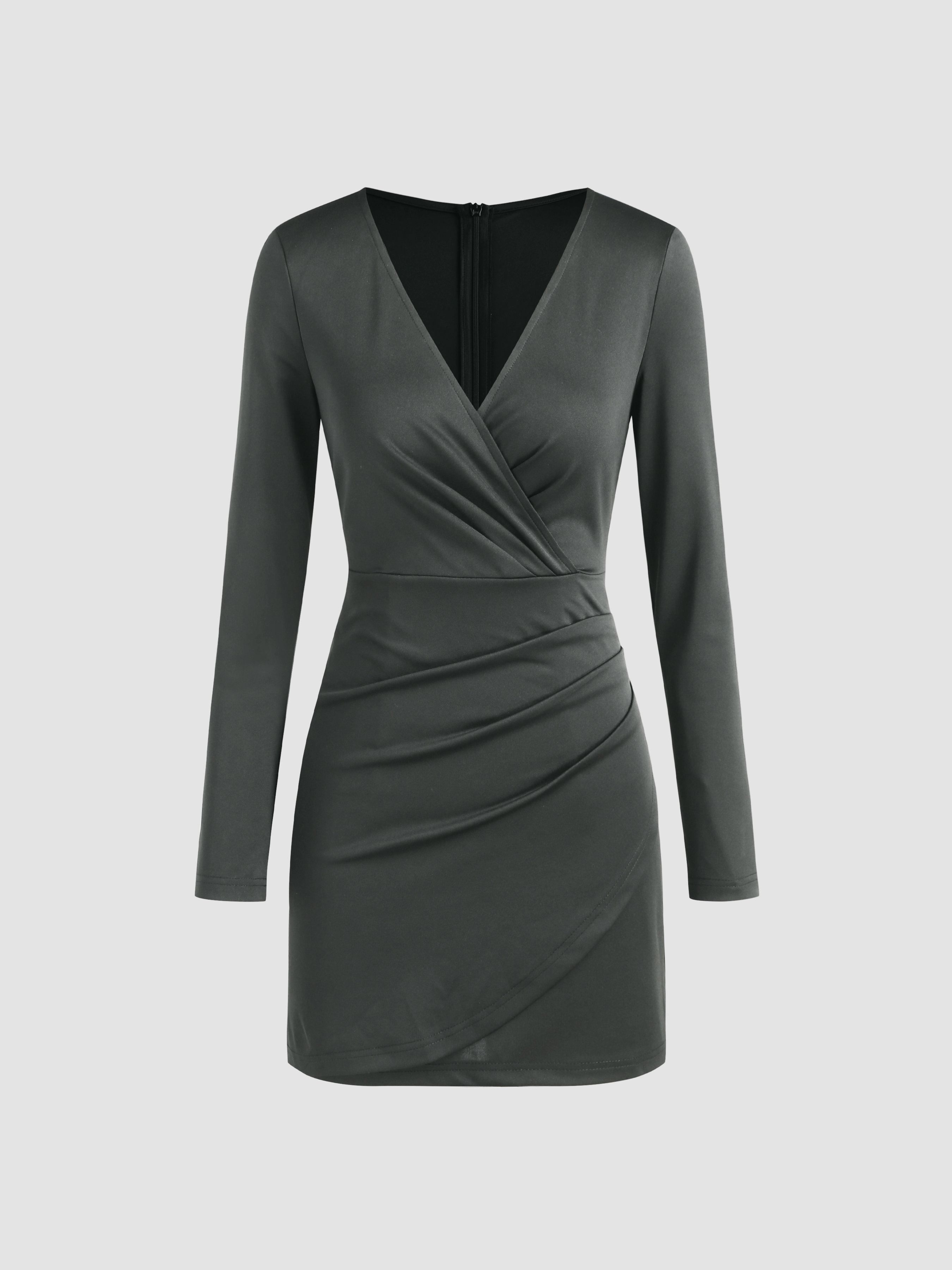 V-neck Solid Ruched Long Sleeve Mini Dress For Date Exhibition Work