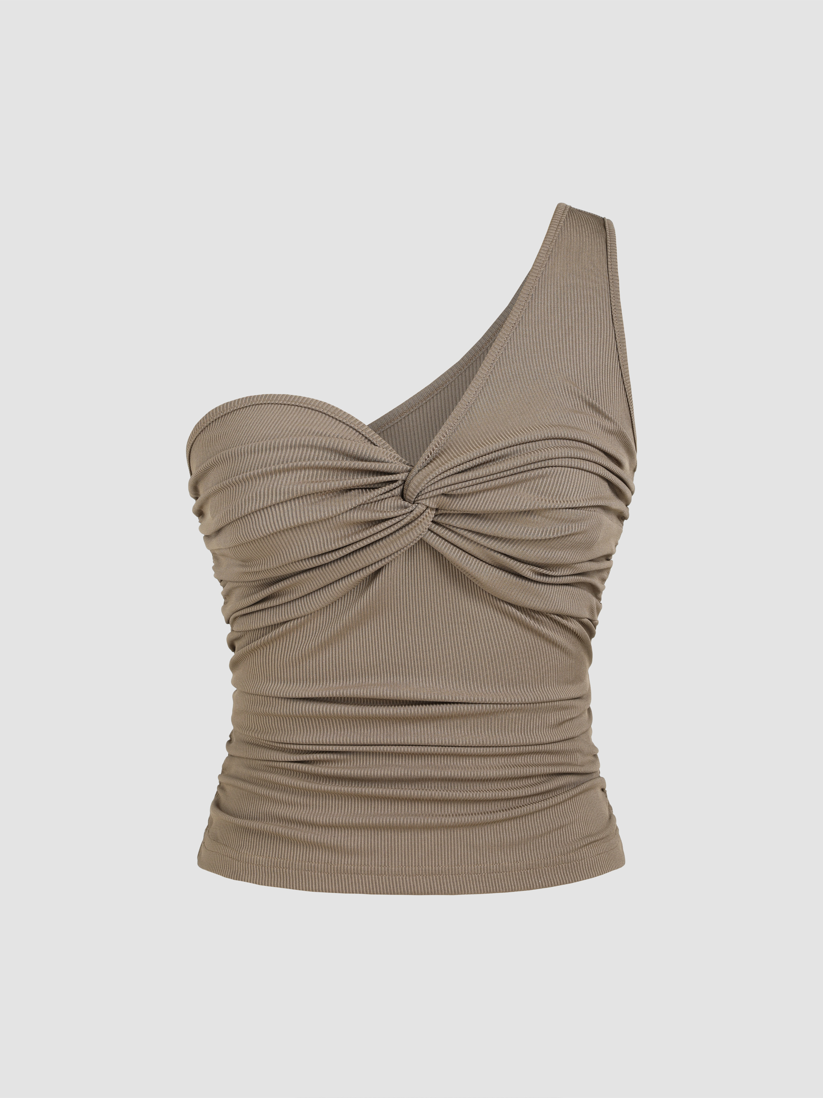 One Shoulder Asymmetrical Ruched Crop Top - Cider