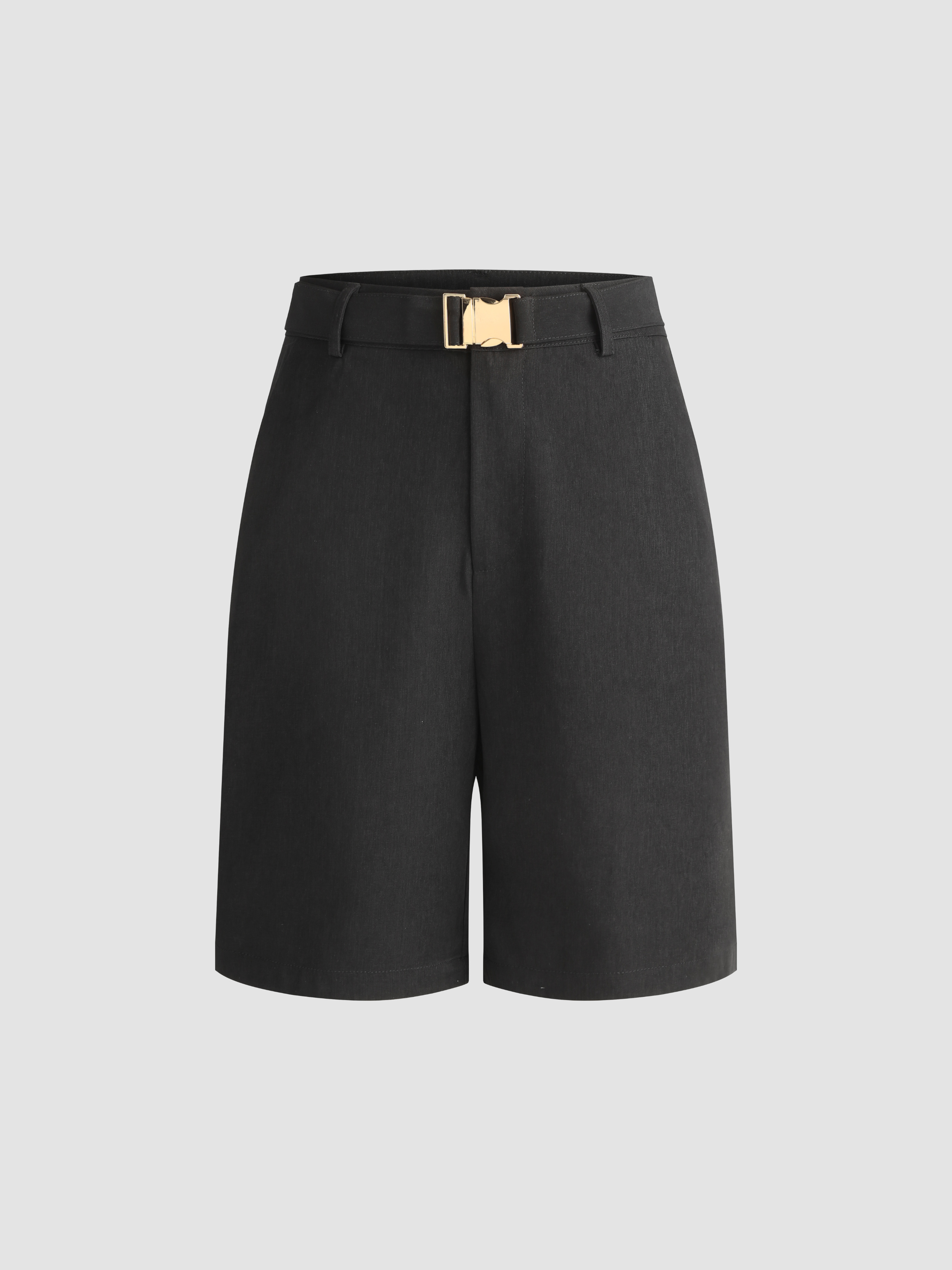 Solid Mid Waist Pleated Bermuda Shorts With Belt - Cider