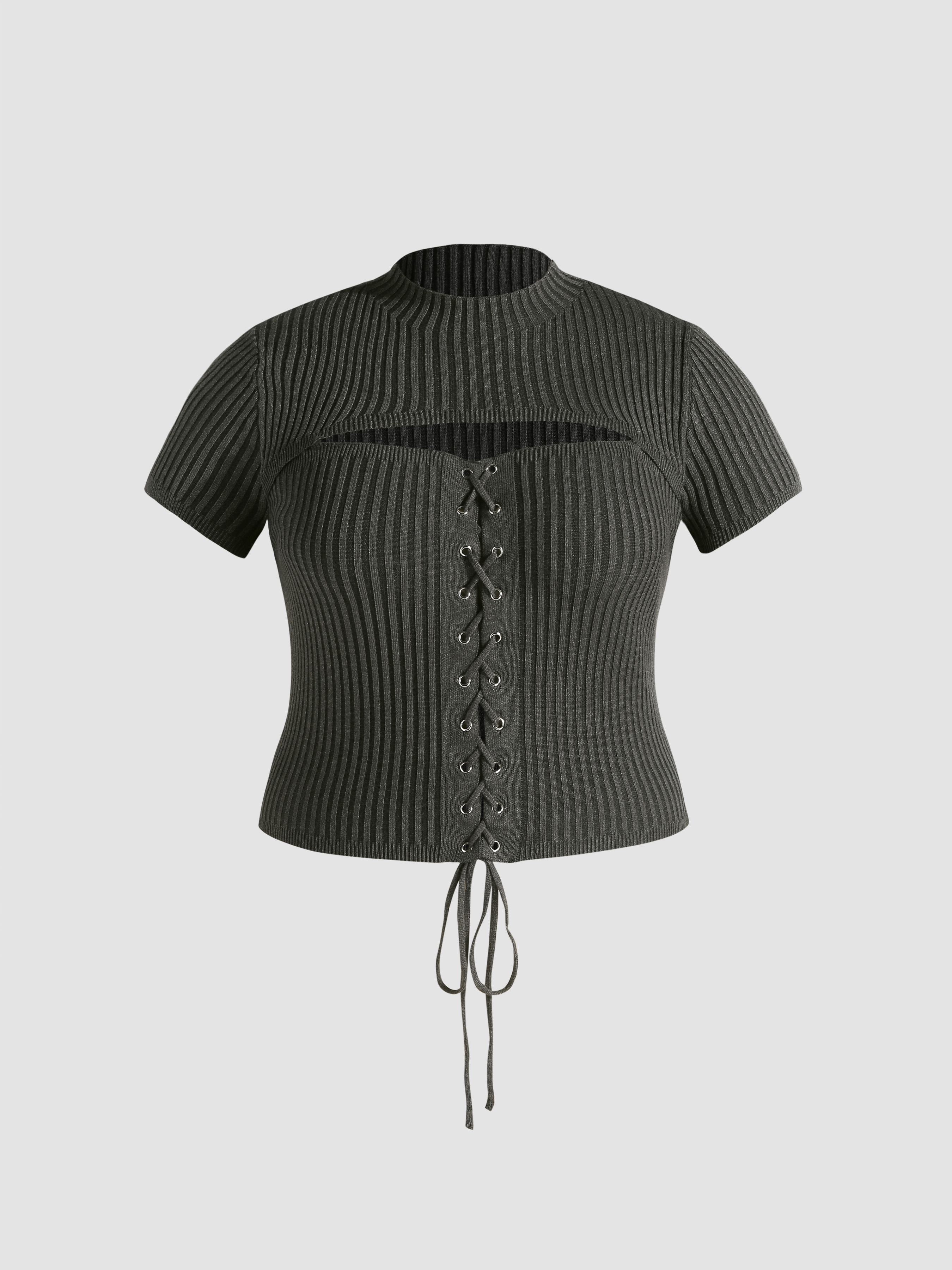 Round Neckline Lace Up Cut Out Knitted Short Sleeve Top Curve & Plus ...