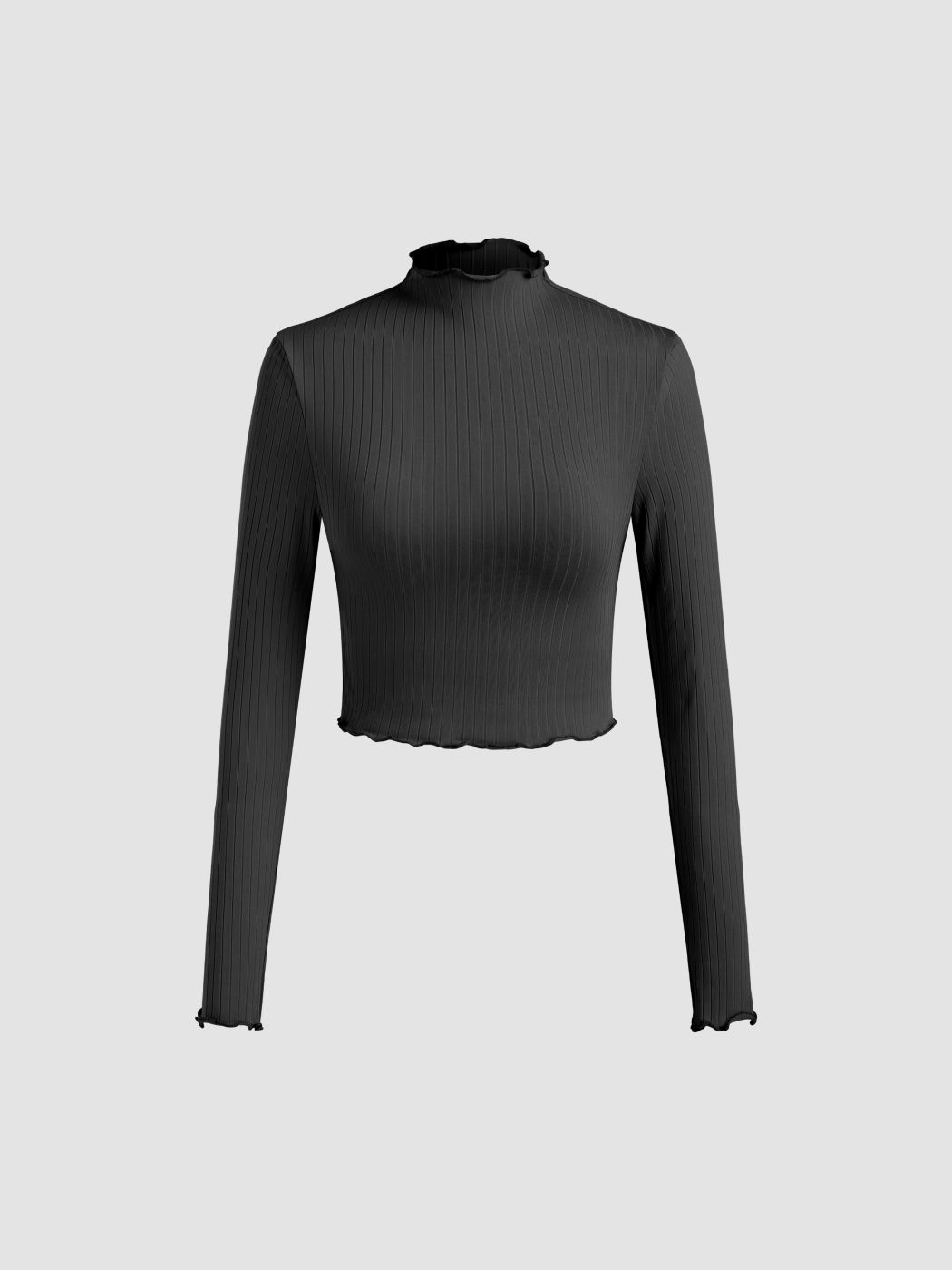 Solid Knit High Neck Ruffle Trim Long Sleeve Top - Cider