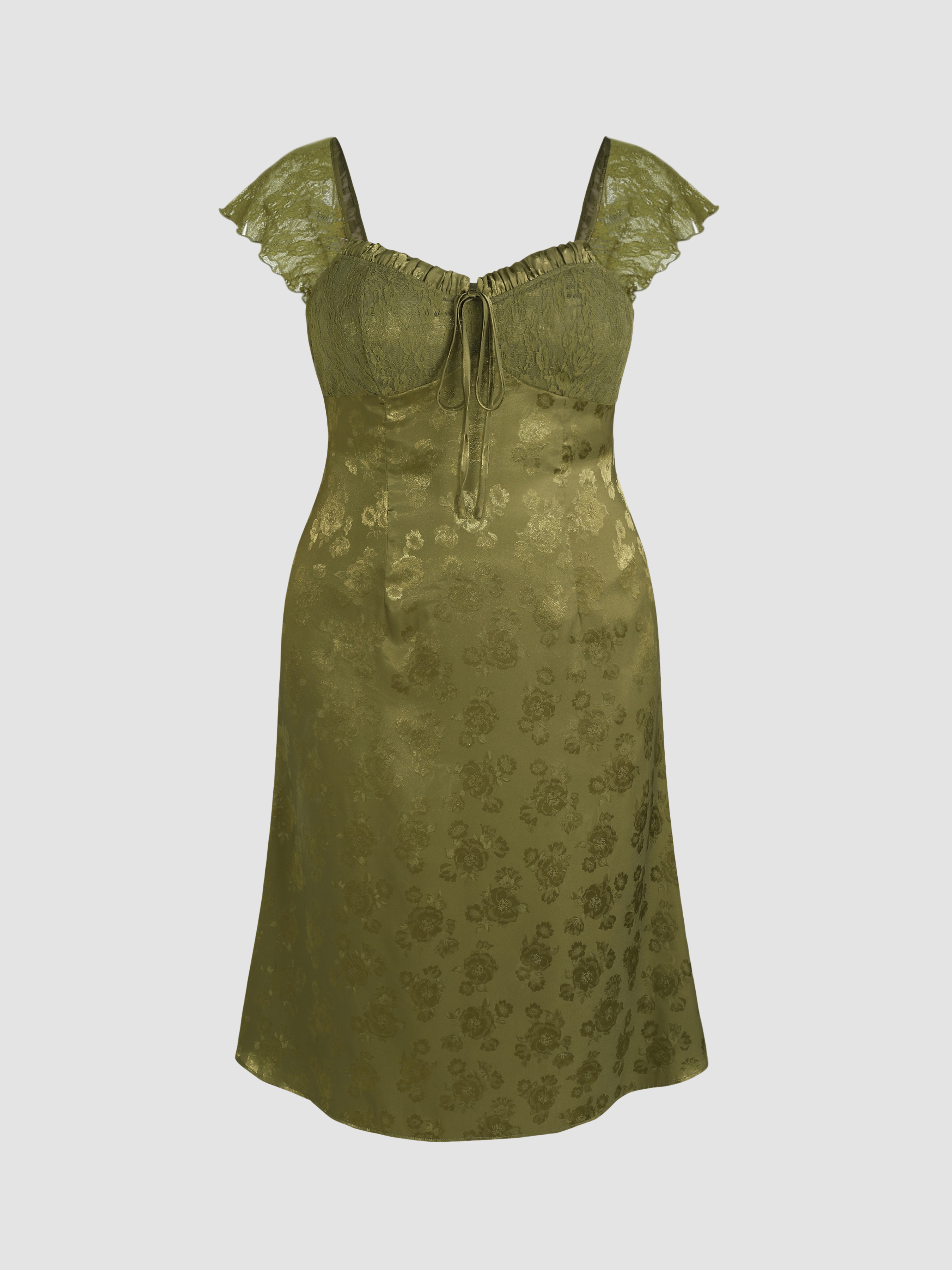 Satin Floral Pattern Lace Tie Front Midi Dress Curve And Plus For Date