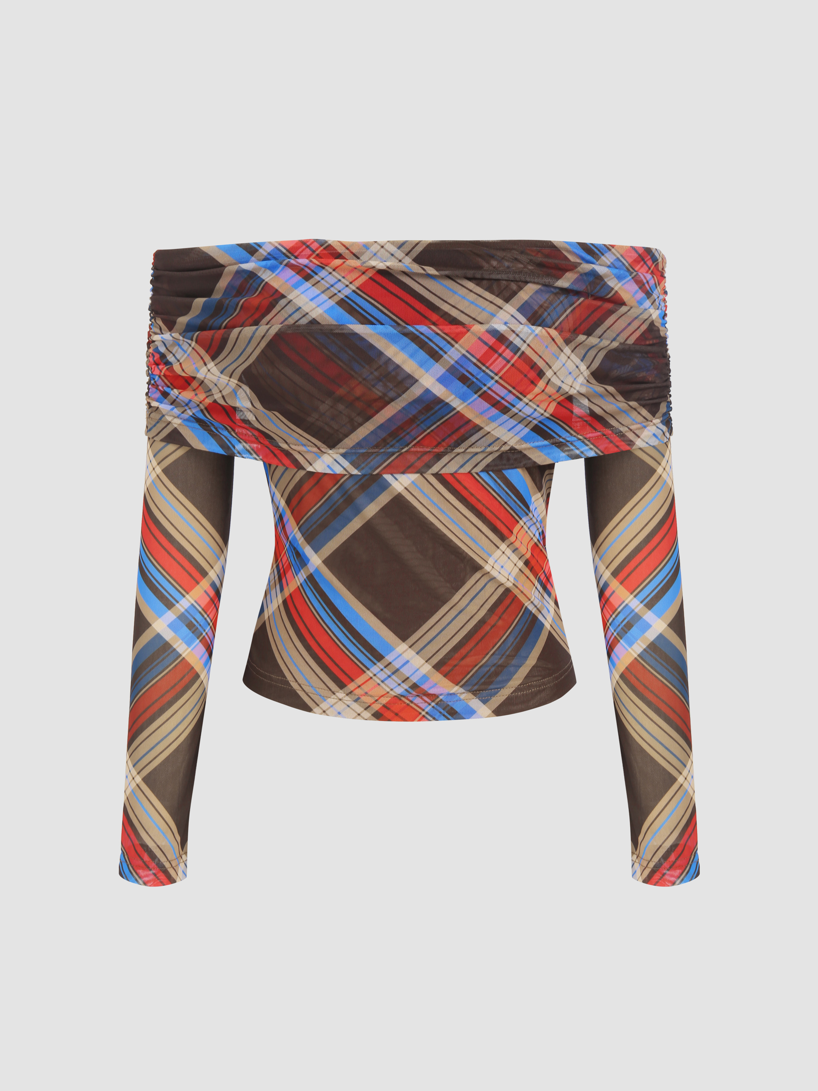 Mesh Off-shoulder Check Long Sleeve Tee - Cider