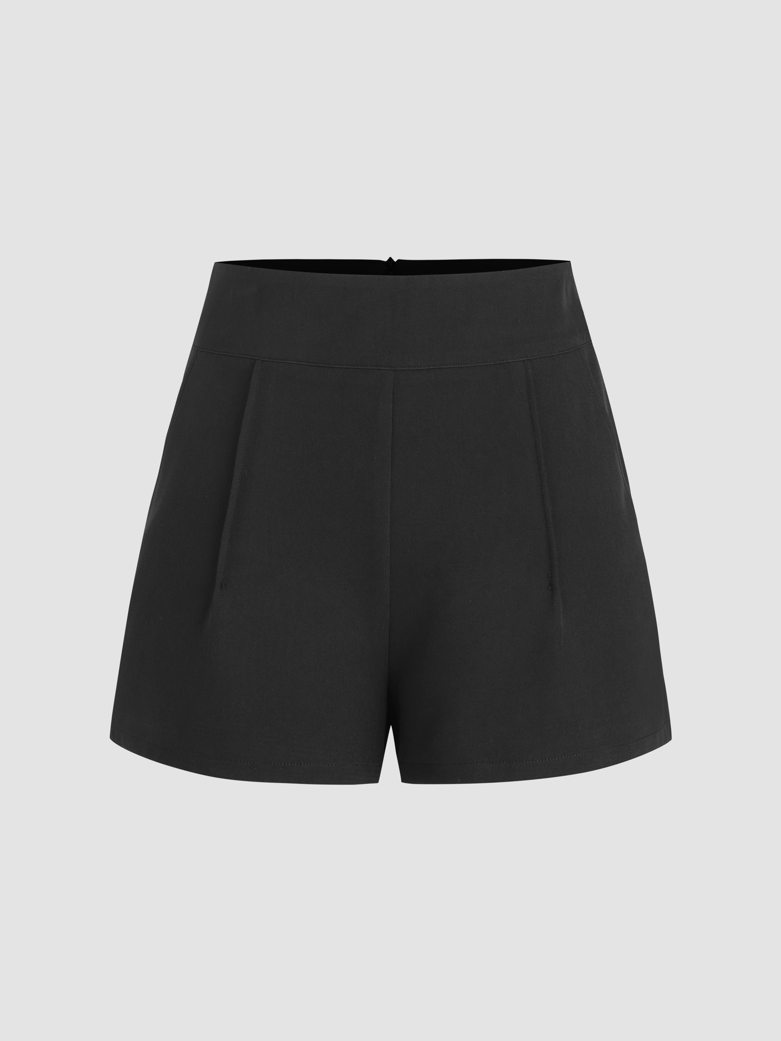 Solid Middle Waist Pleated Shorts For Daily Casual