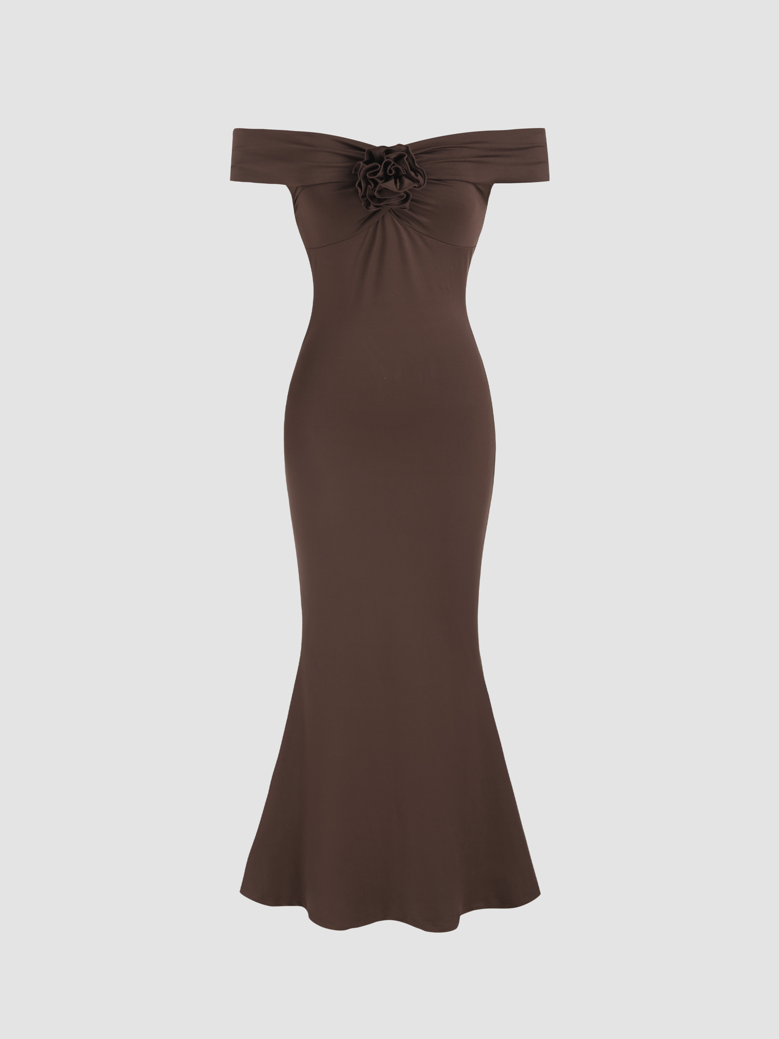 Knit Fabric Off Shoulder Solid Rosette Maxi Dress For Date Wedding