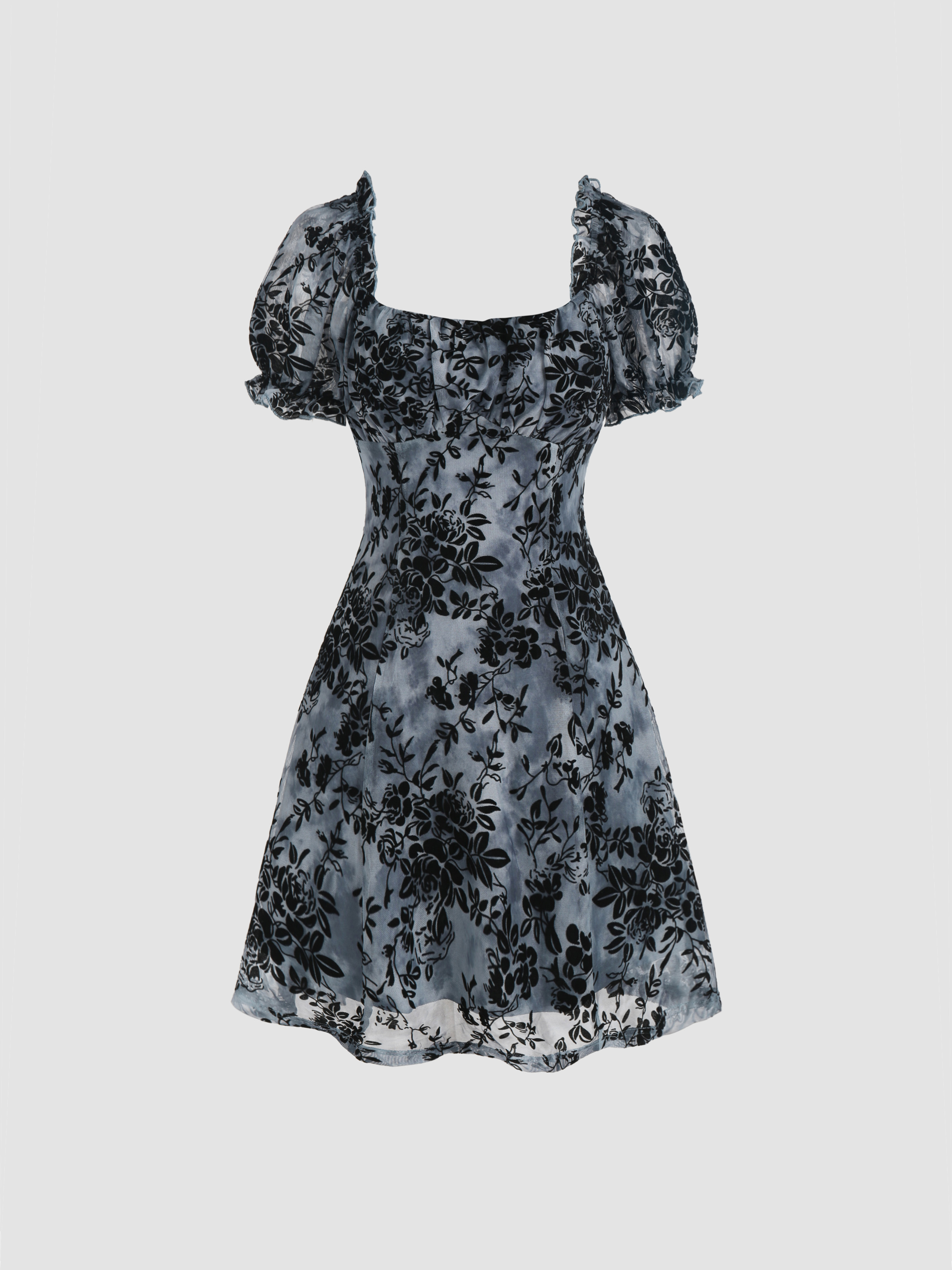 Mesh Mesh Square Neck Floral Ruffle Trim Mini Dress For Date