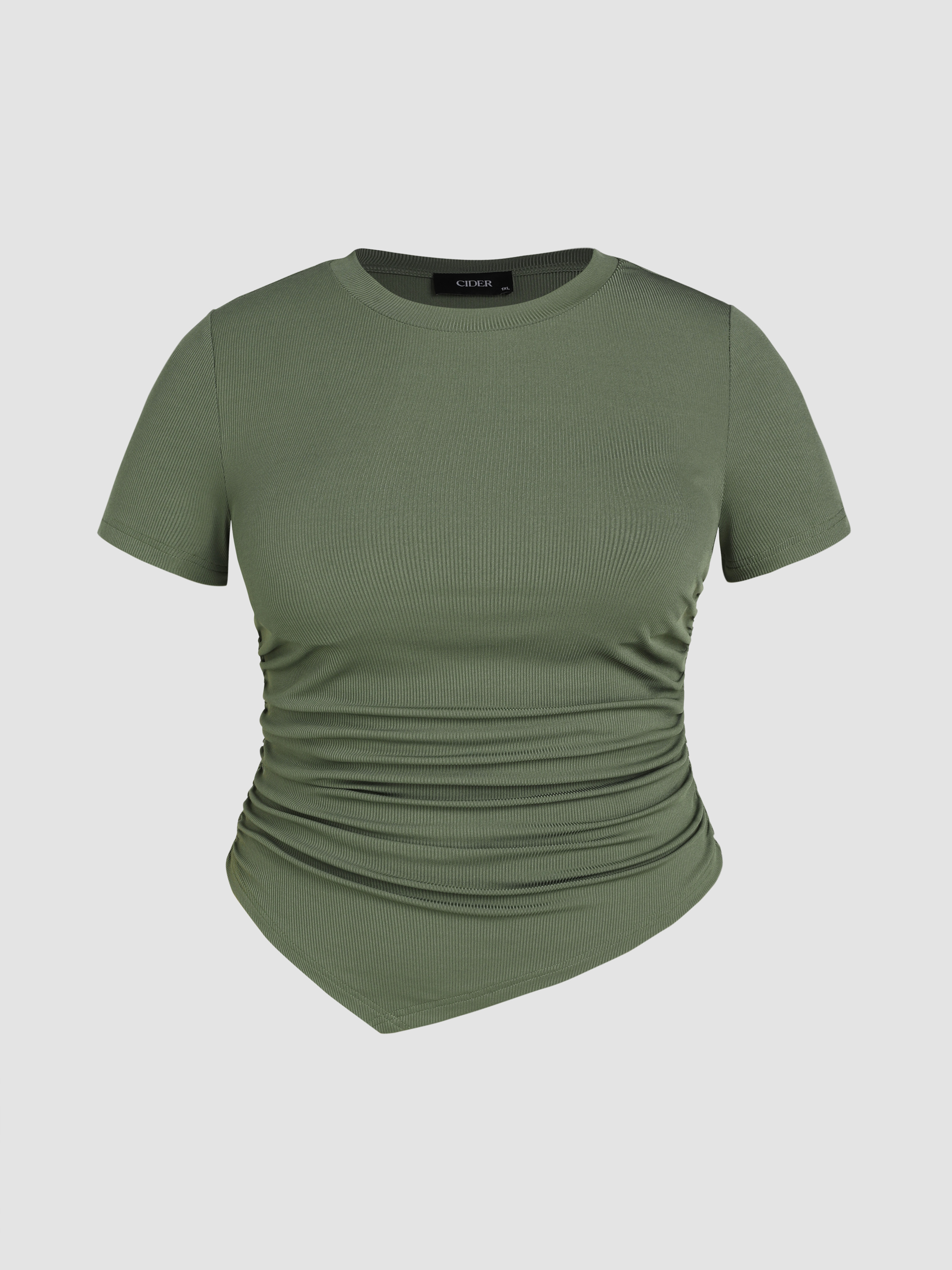 Knit Fabric Solid Rib Round Neckline Asymmetrical Ruched Short Sleeve ...