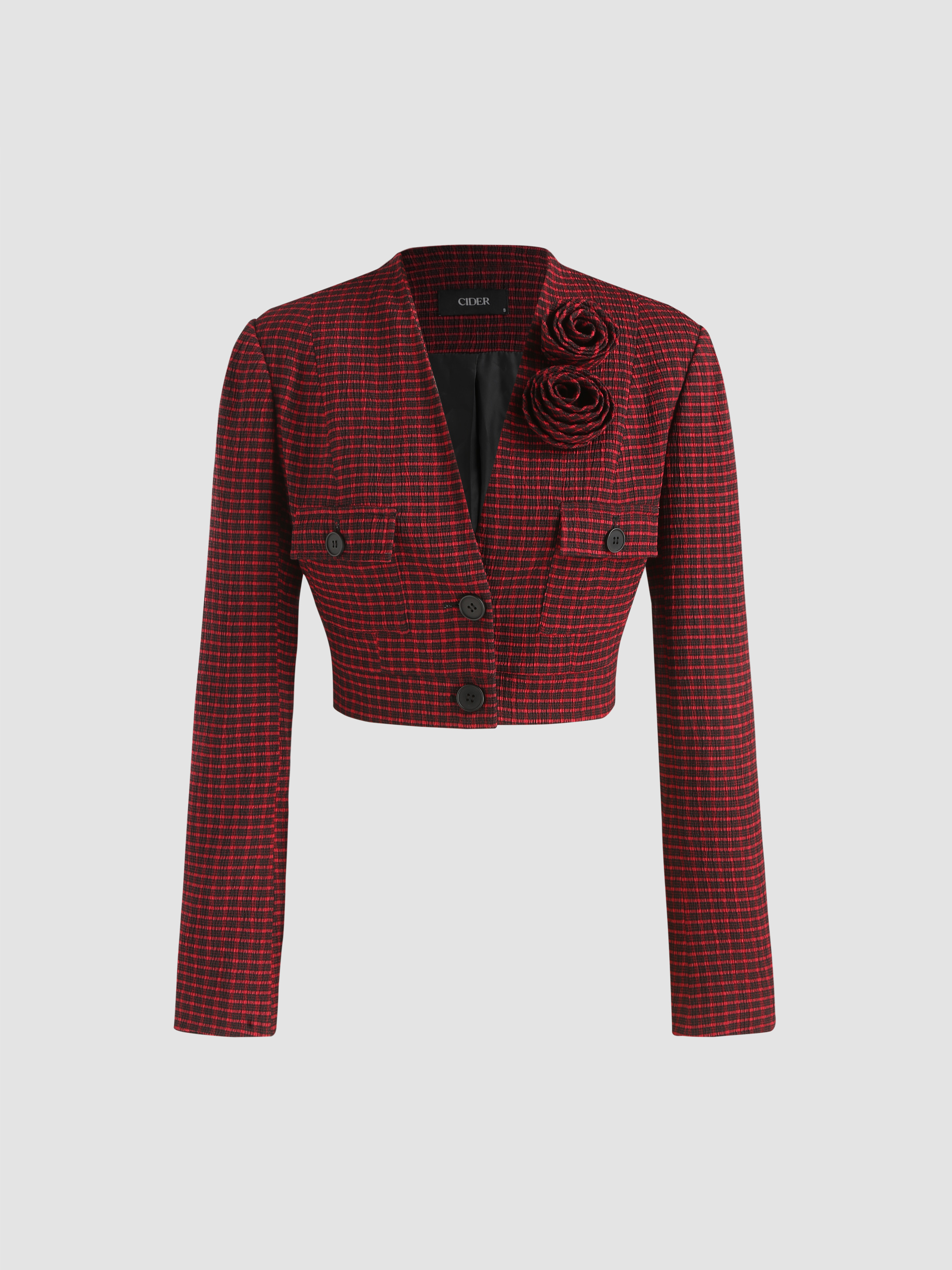 V-neck Check Rose Pocket Button Crop Blazer - Cider