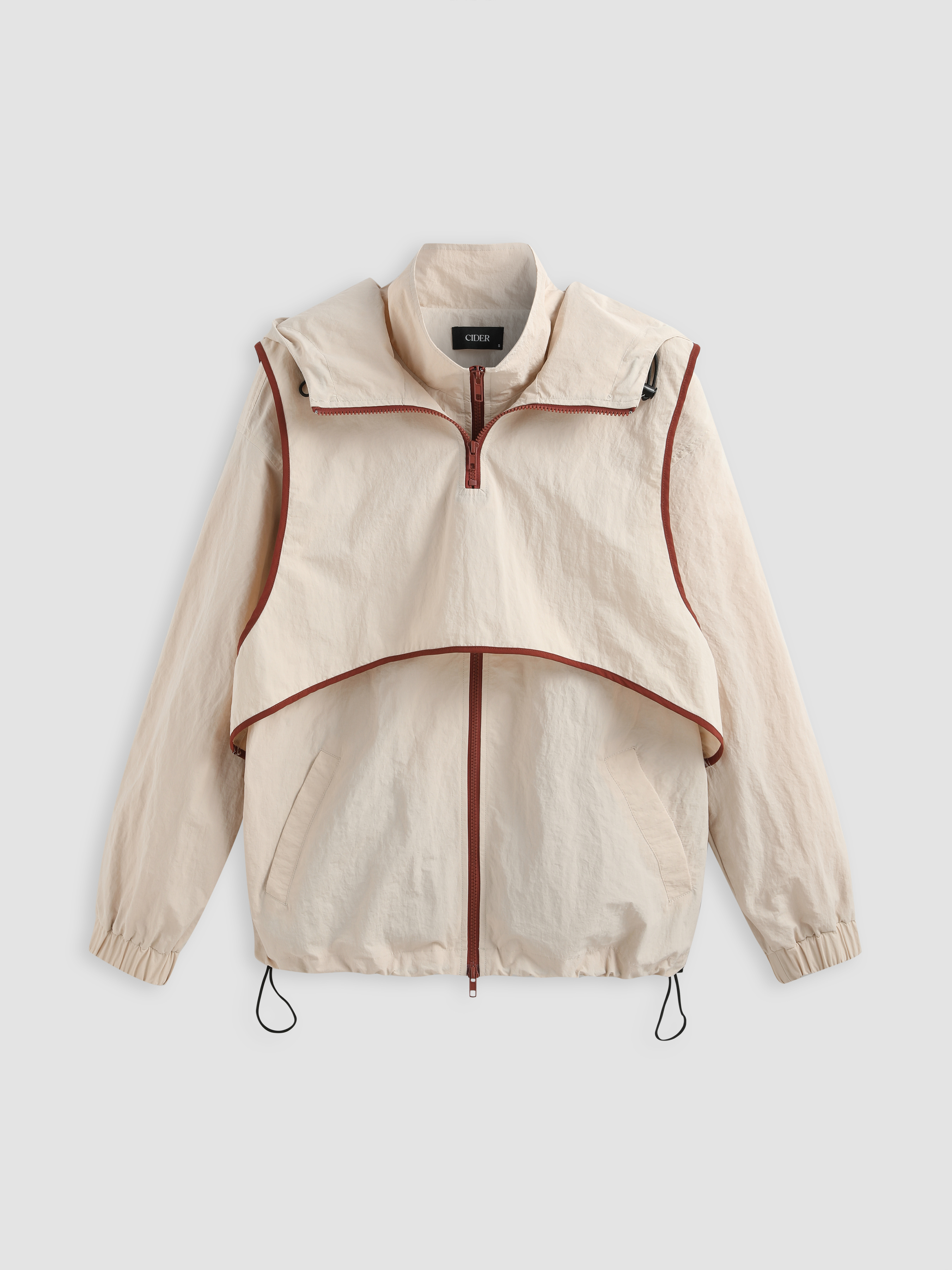Woven Hooded Solid Pocket Zipper Jacket & Vest - Cider