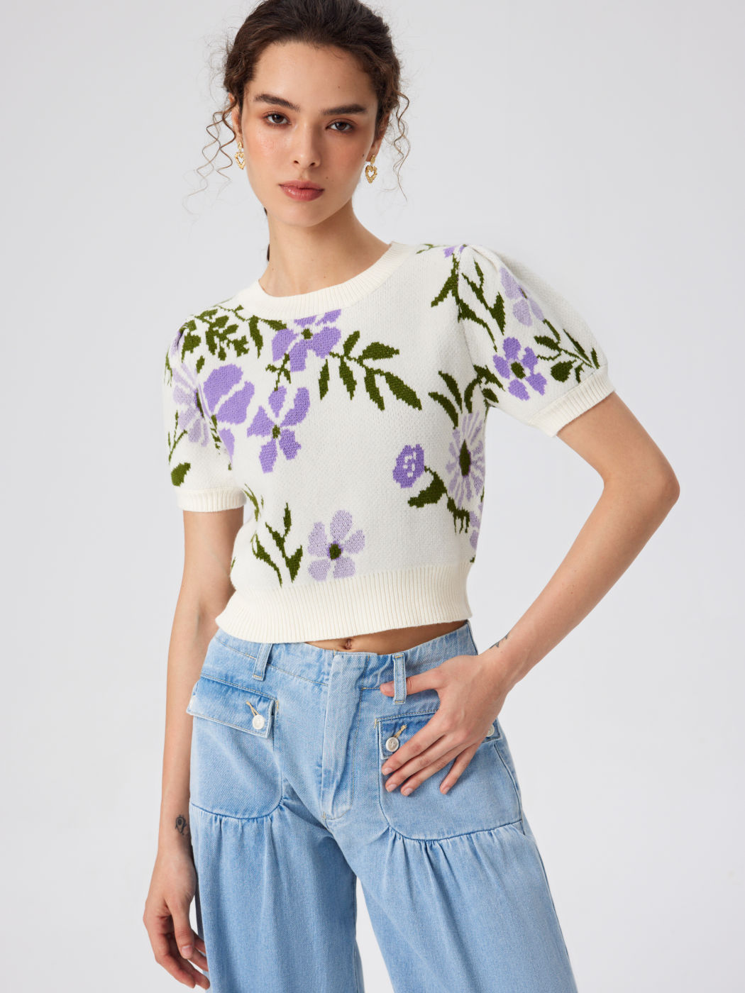 Floral Round Neckline Knitted Short Sleeve Top For School Daily Casual ...