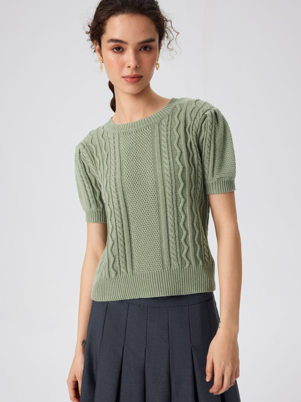 Round Neckline Rib Knitted Short Sleeve Top For School Daily Casual ...