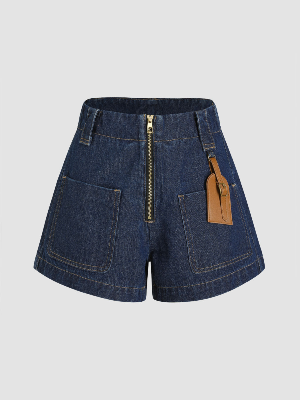 Denim Denim Mid Waist Zipper Shorts With Buckle Tag For Daily Casual