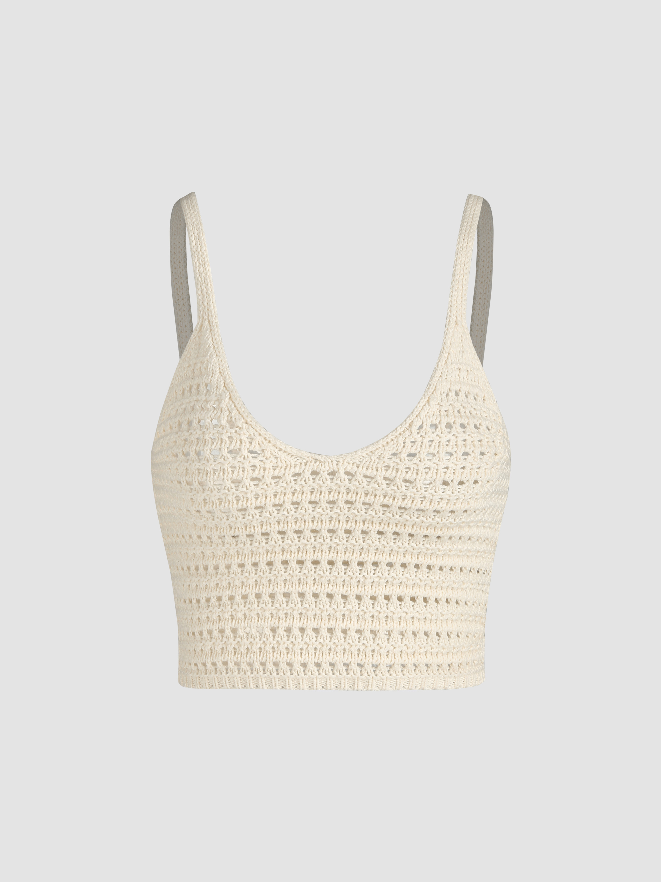 U-neckline Solid Hollow Out Knitted Crop Top For Vacation Holiday