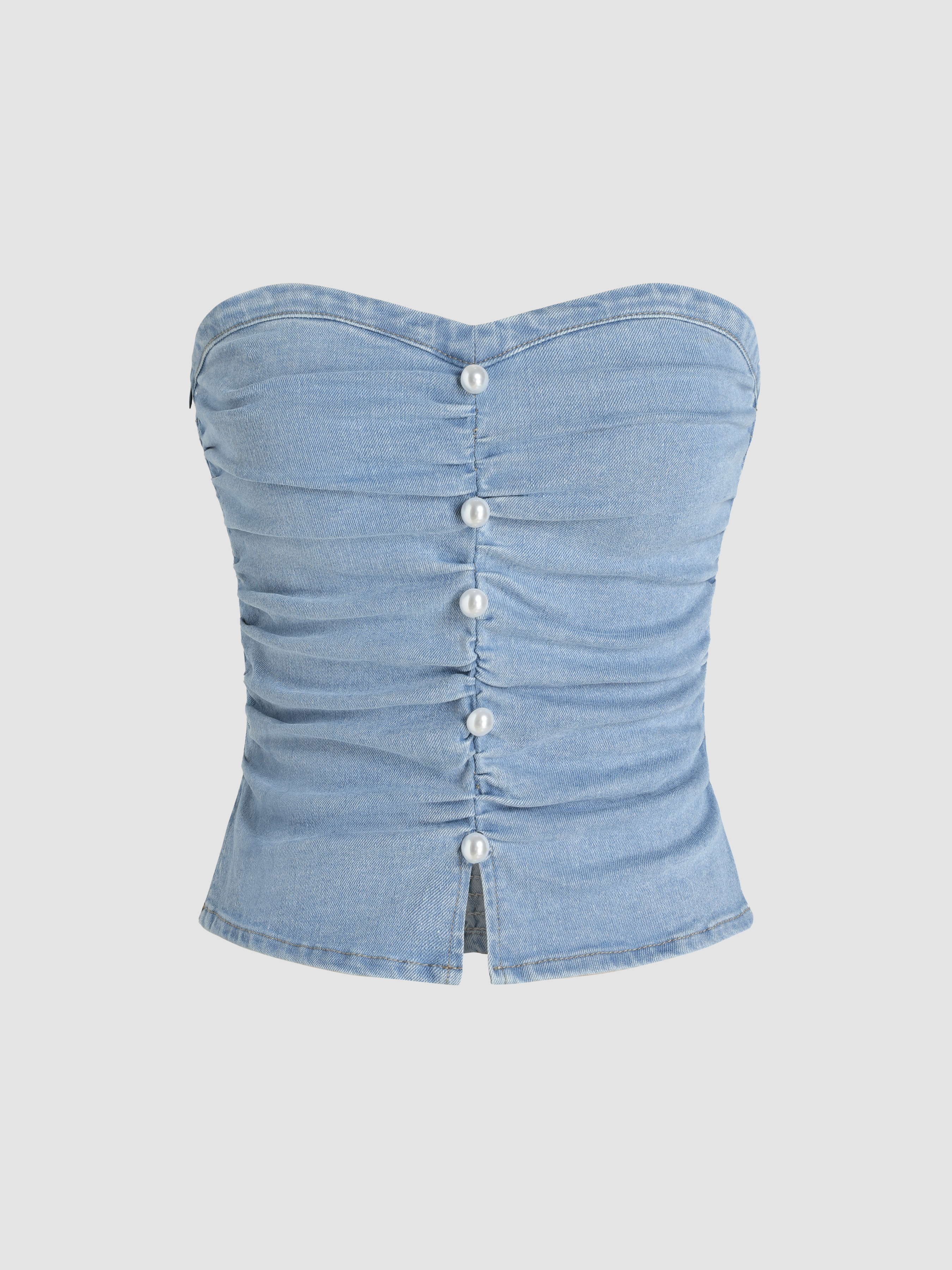 Denim Faux Pearl Button Ruched Shirred Tube Top For Holiday