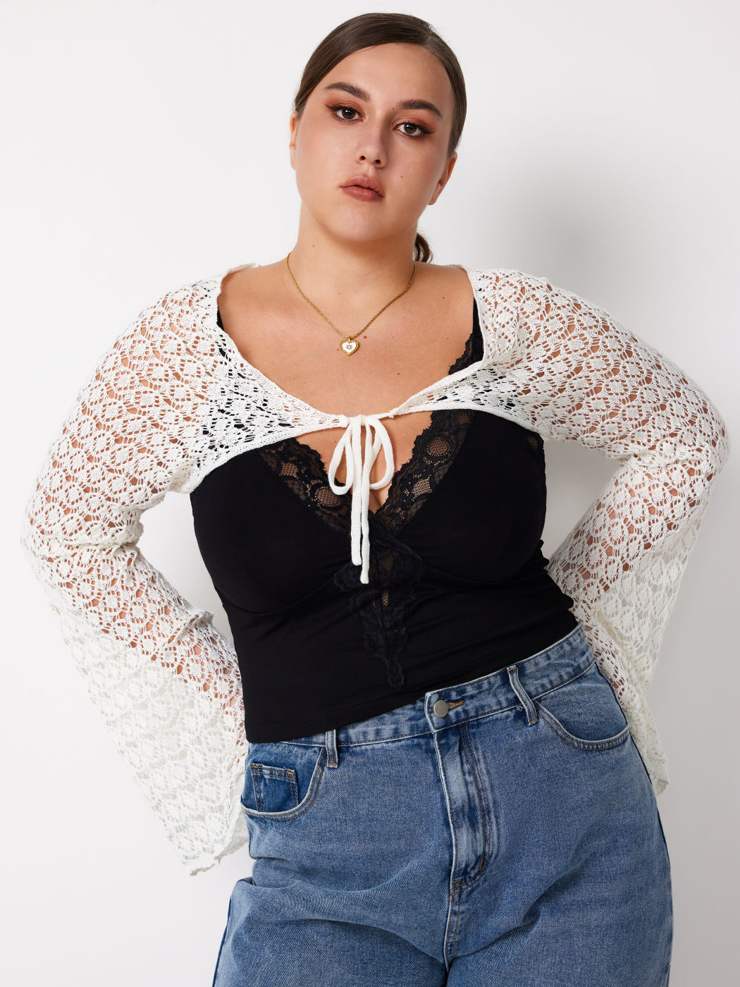 Knit Fabric Hollow Out Knitted Long Sleeve Crop Shrug Curve & Plus For ...