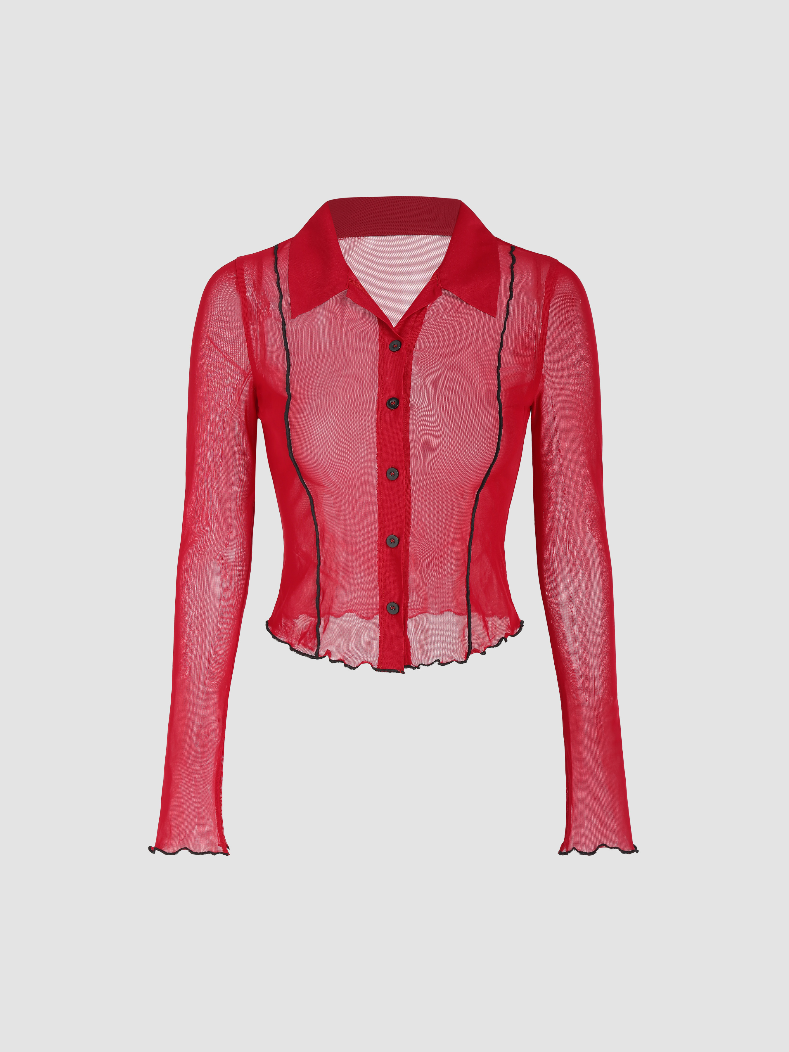 Mesh Solid Mesh Collar Contrasting Binding Ruffle Trim Long Sleeve Top